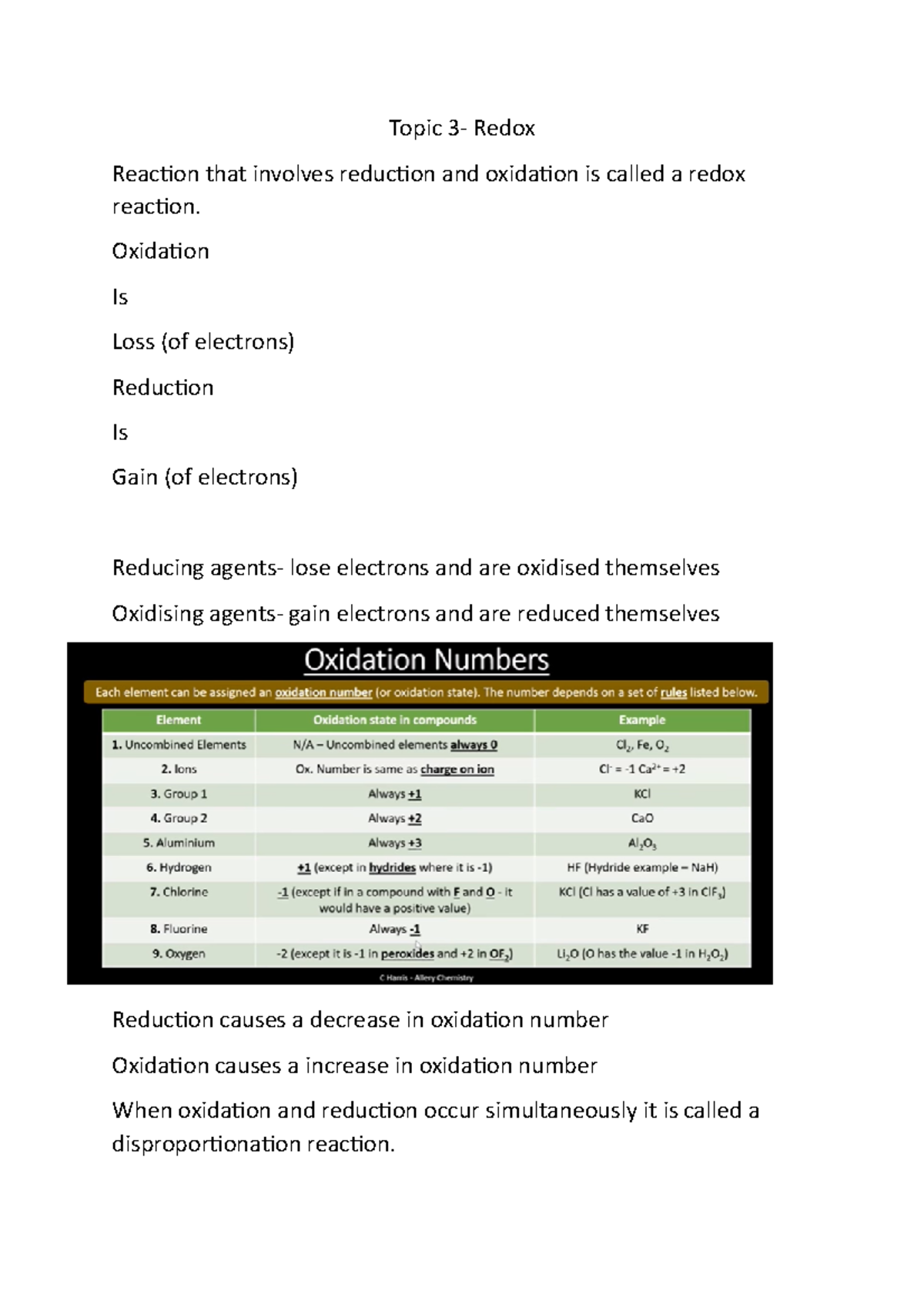Topic 3 chem notes - Topic 3- Redox Reaction that involves reduction ...