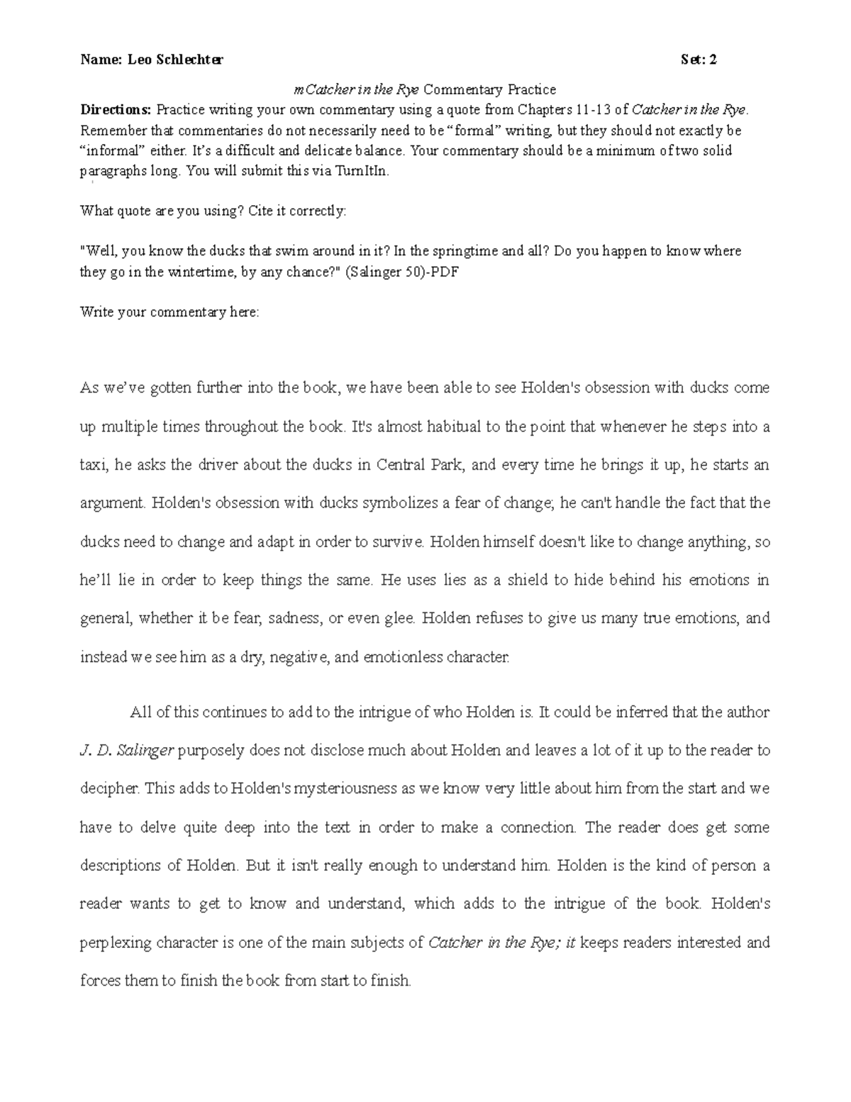 Commentary Practice (Ch. 11-13 - Catcher in the Rye) - Name: Leo ...
