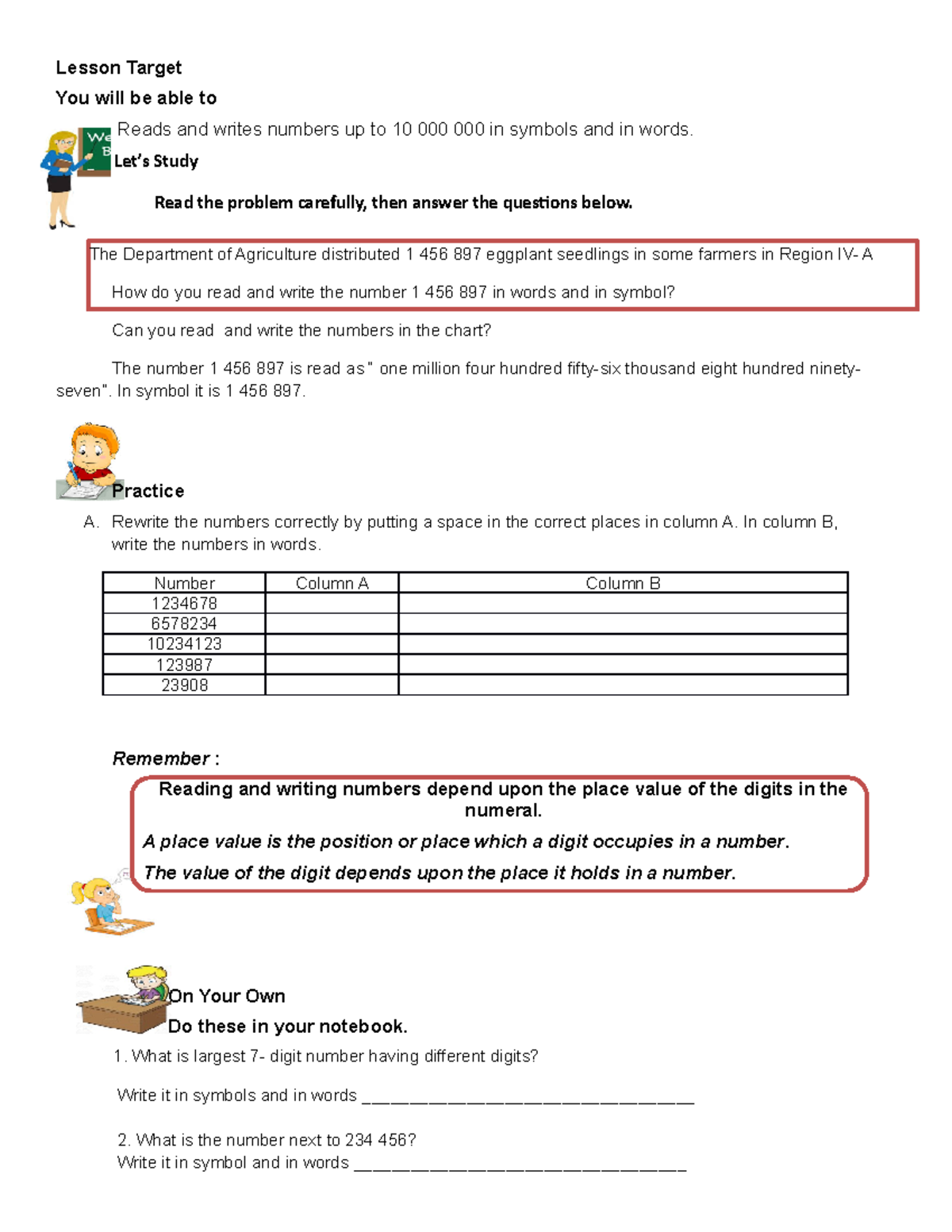 Worksheet 2 - Lesson Target You will be able to Reads and writes ...