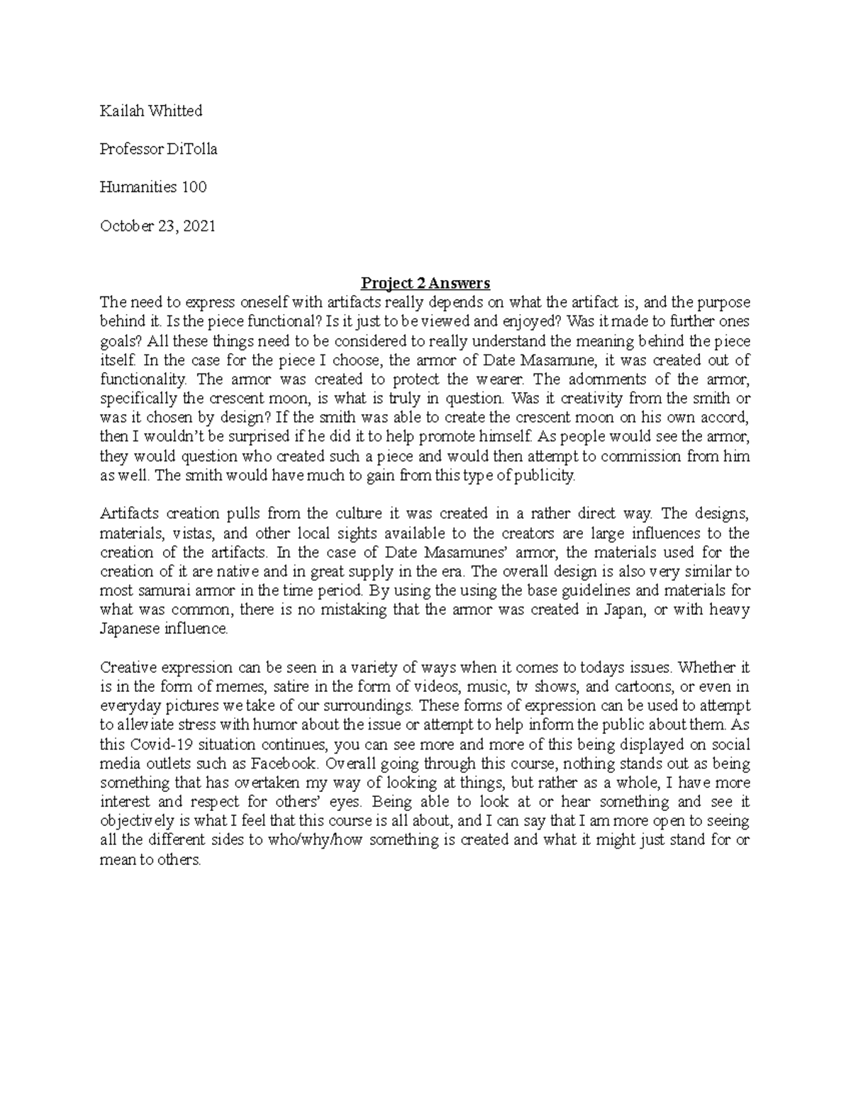 Project 2 SCS 200 SHORT RESPONSE - Kailah Whitted Professor DiTolla ...