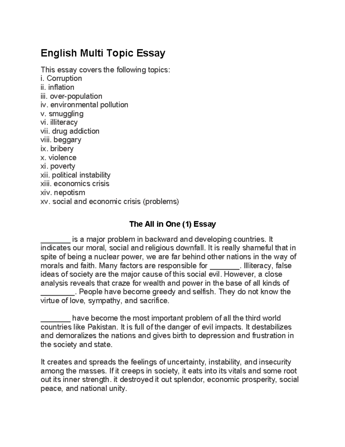 English Multi Topic Essay - Corruption ii. inflation iii. over ...