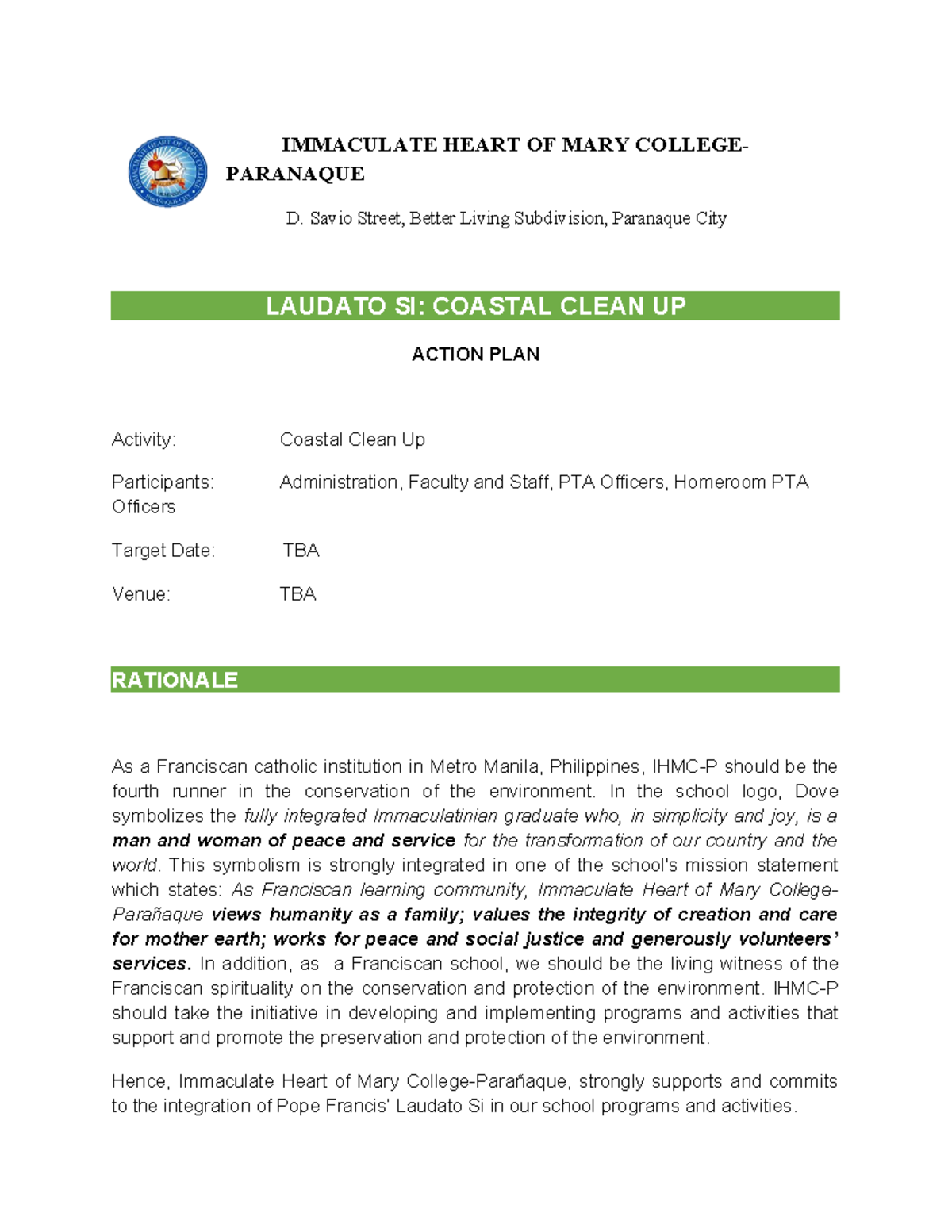 Coastal Clean UP Action Plan - IMMACULATE HEART OF MARY COLLEGE ...