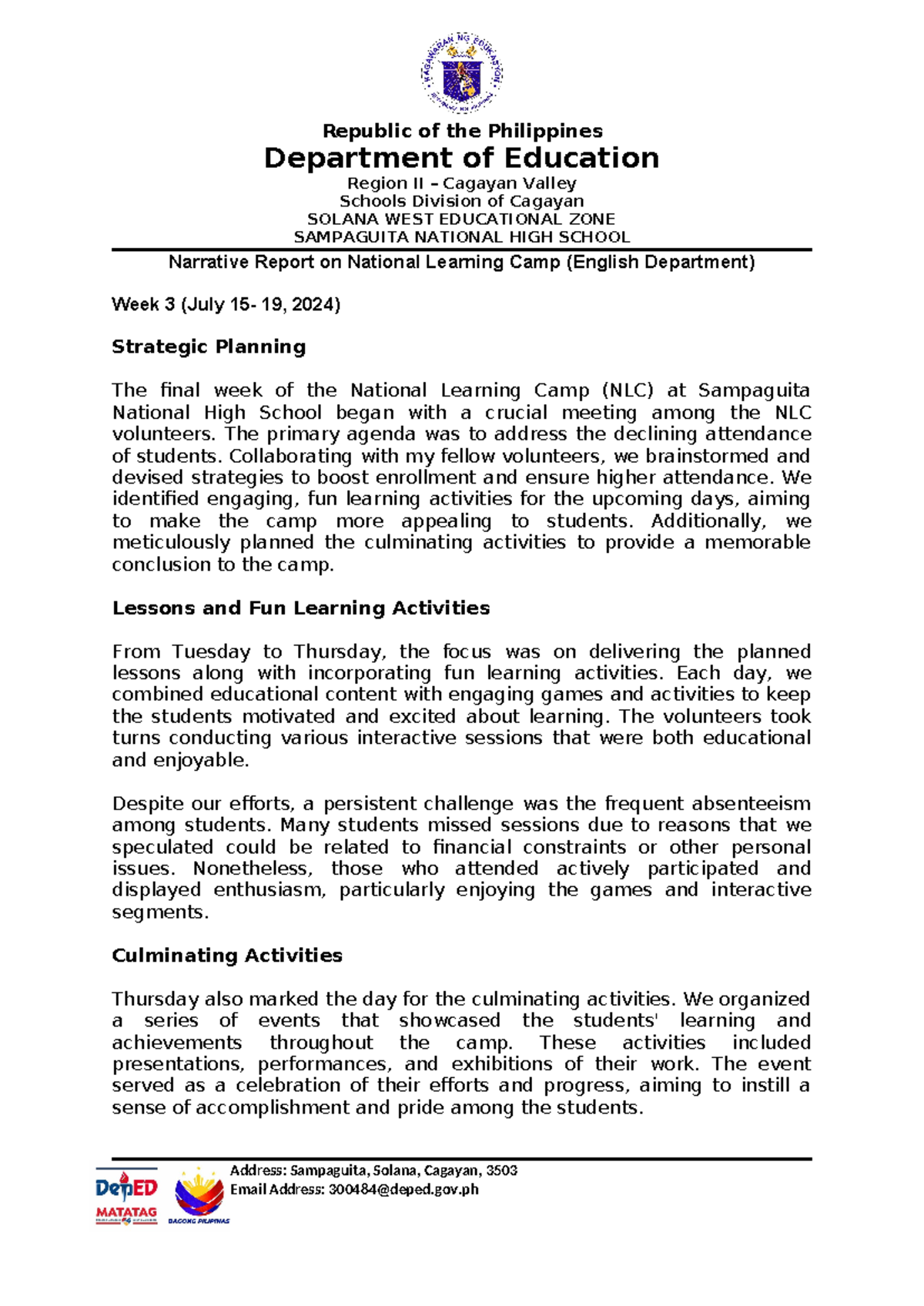Narative Report NLC WEEK 3 - Republic of the Philippines Department of Education Region II ...
