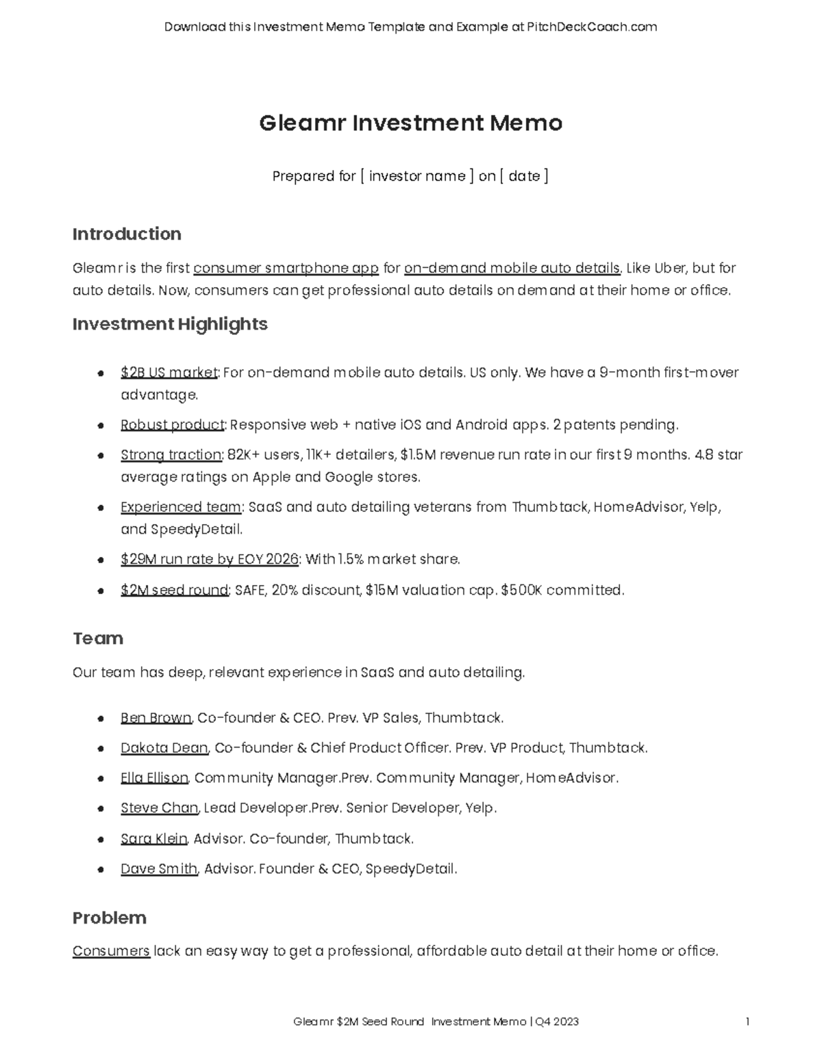 Investment memo and example without notes - Gleamr Investment Memo ...