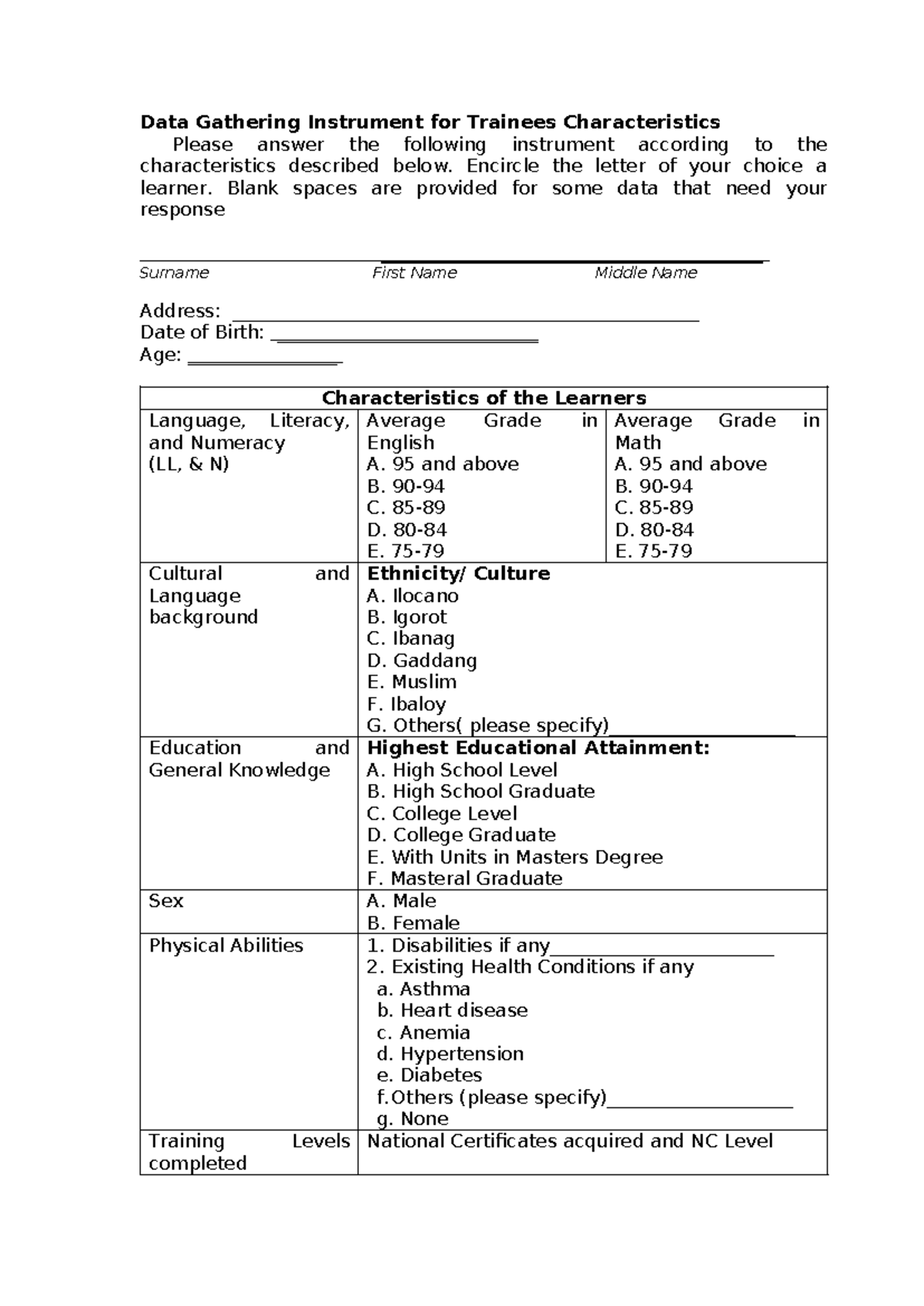 Data Gathering Instrument for Trainees Characteristics - Encircle the ...