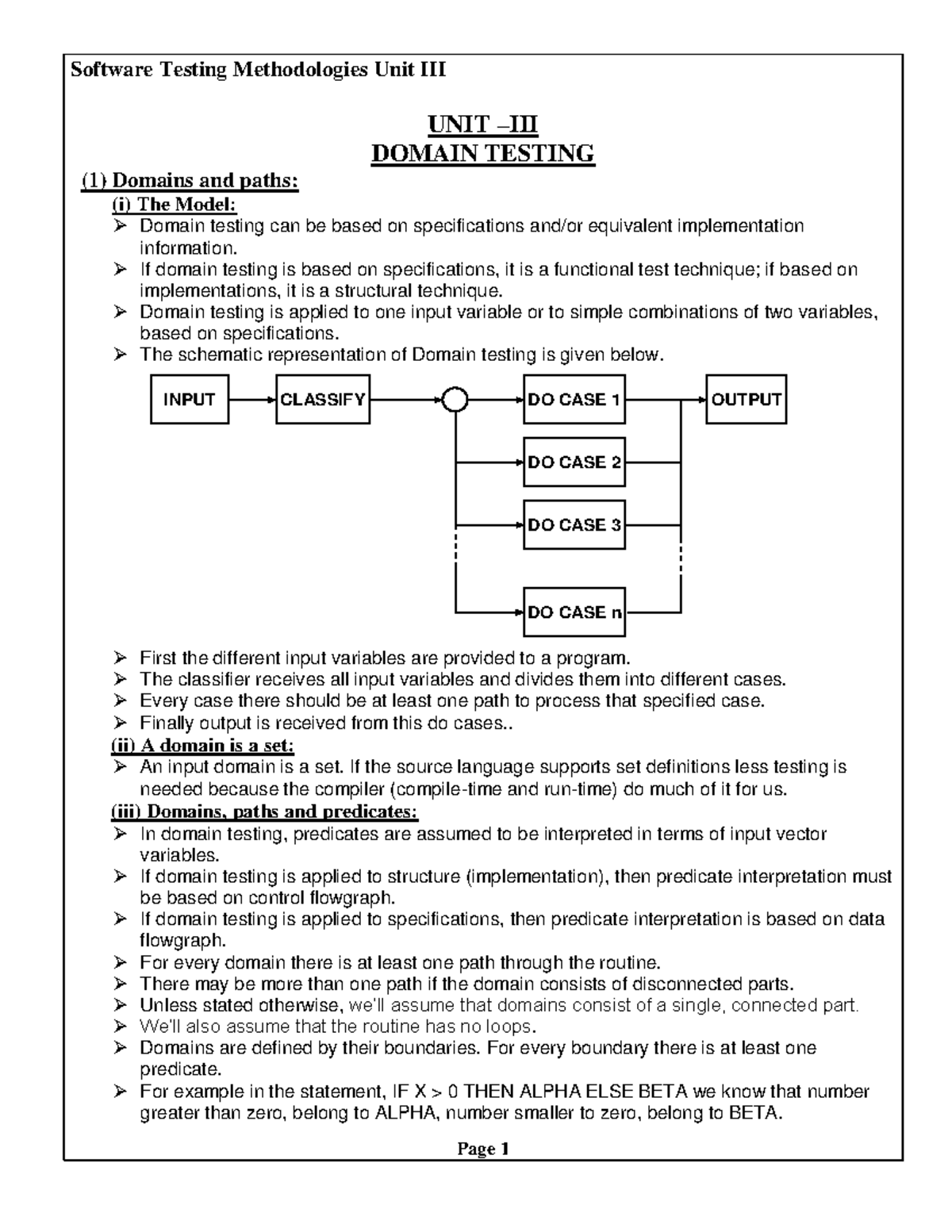 STM UNIT-3 - stm - UNIT – III DOMAIN TESTING (1) Domains and paths: (i ...