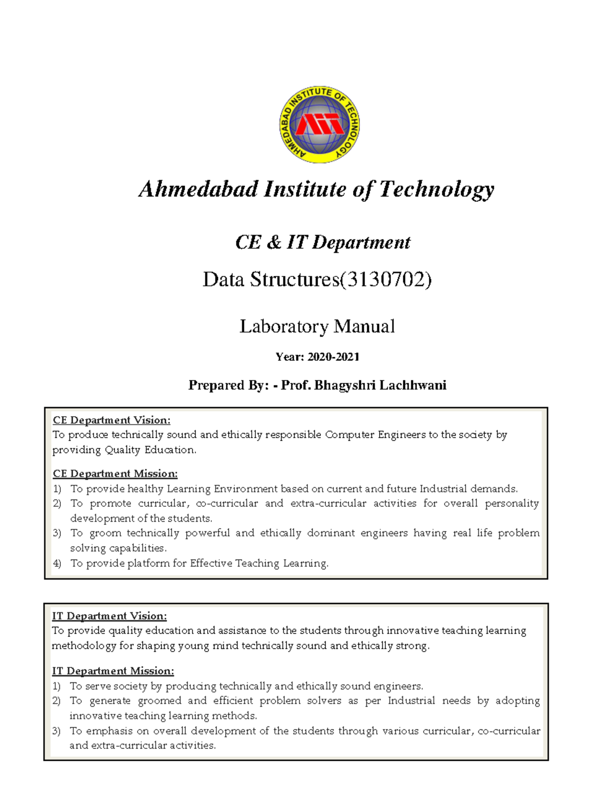 Data structure lab-manual - Ahmedabad Institute of Technology CE & IT ...