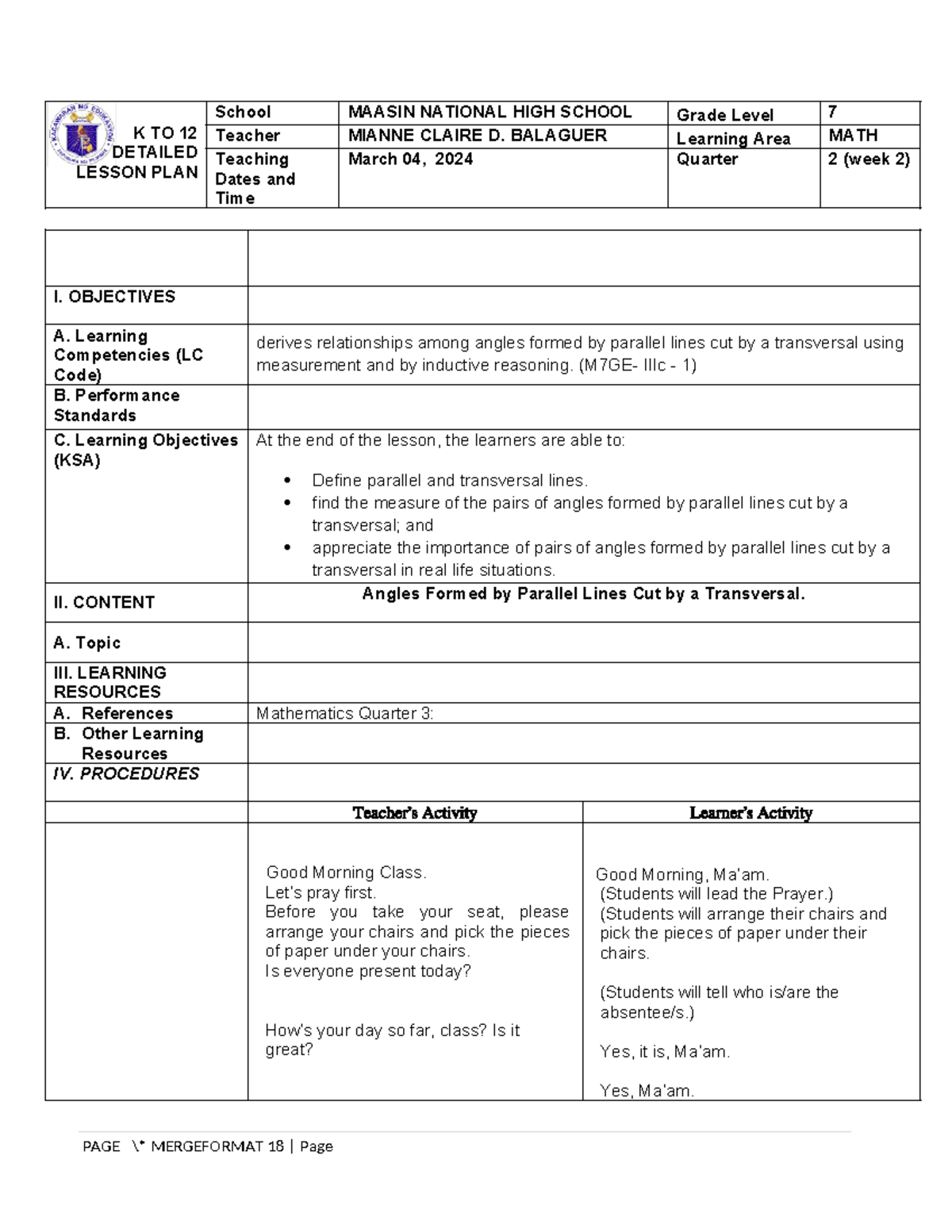 Angles Formed by Parallel Lines Cut by a Transversal - K TO 12 DETAILED ...