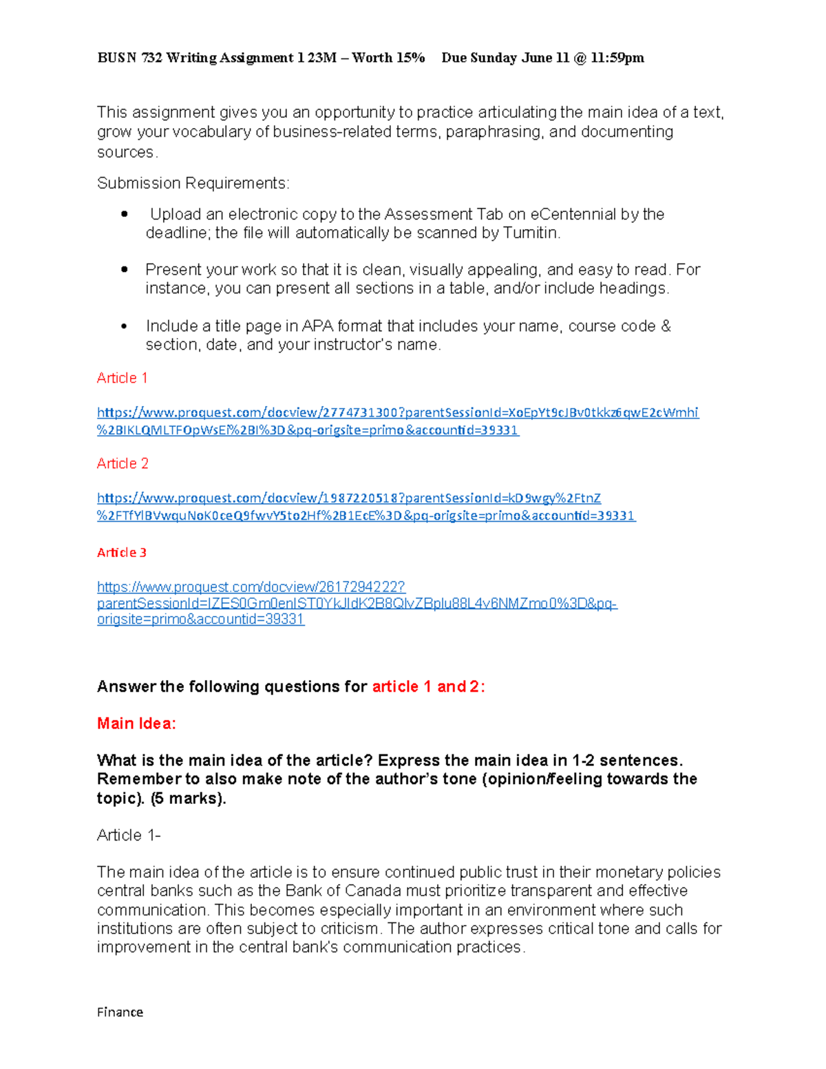 Writing Assignment 1 - Finance - This assignment gives you an ...