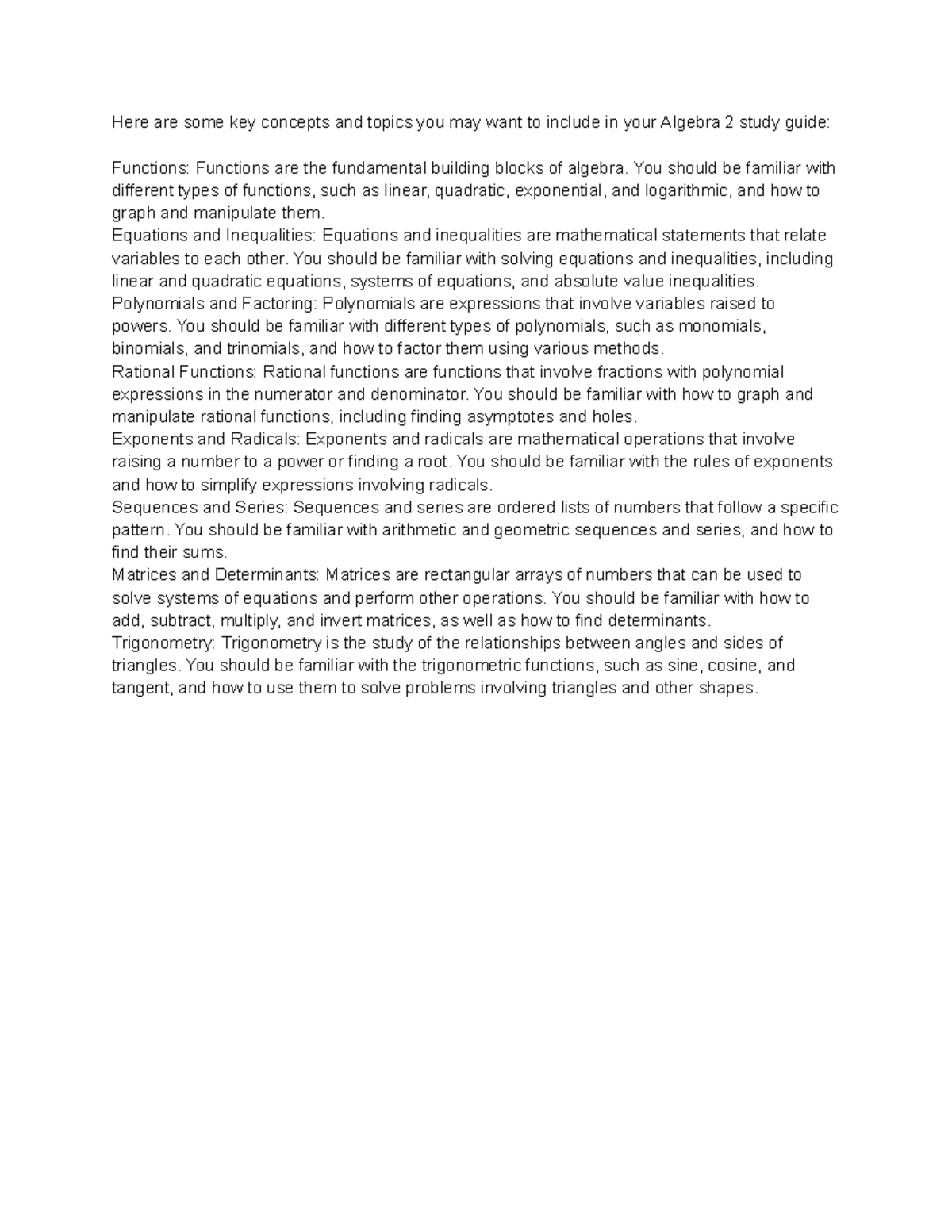 Algebra 2 Study Guide - Here are some key concepts and topics you may ...