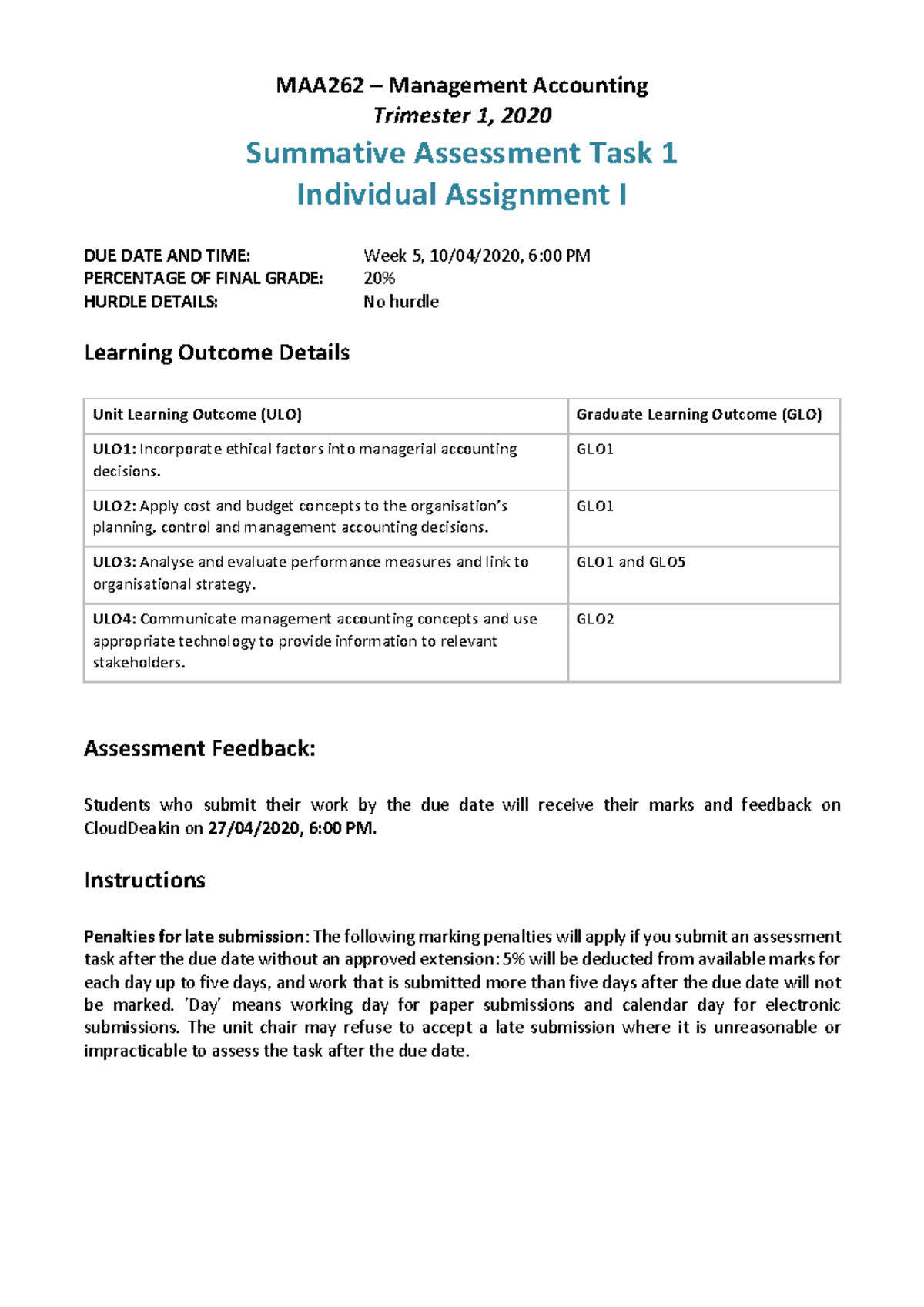 Management Accounting Assignment 1 Solution - MAA262 – Management ...