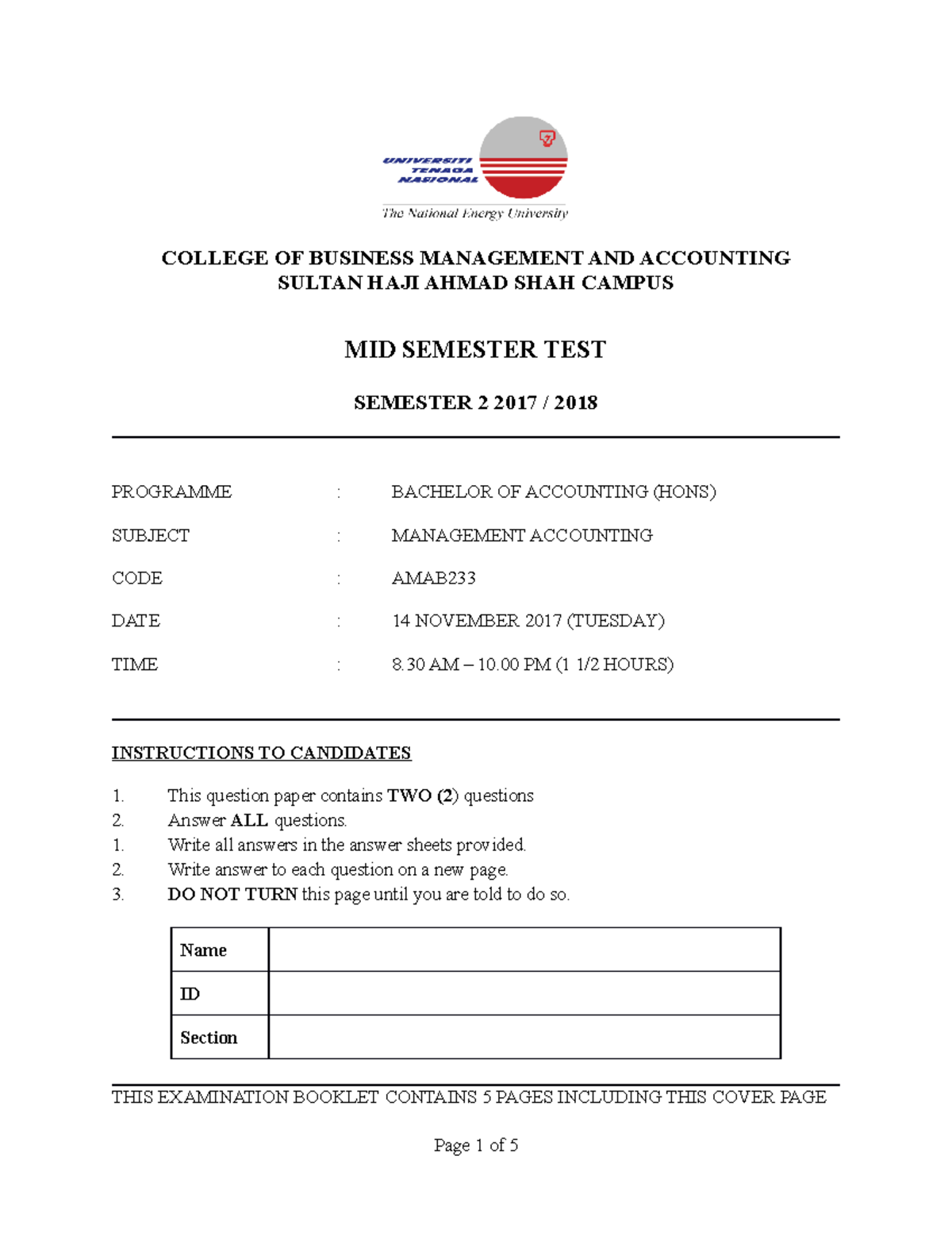 Mid 2017, questions - COLLEGE OF BUSINESS MANAGEMENT AND ACCOUNTING ...