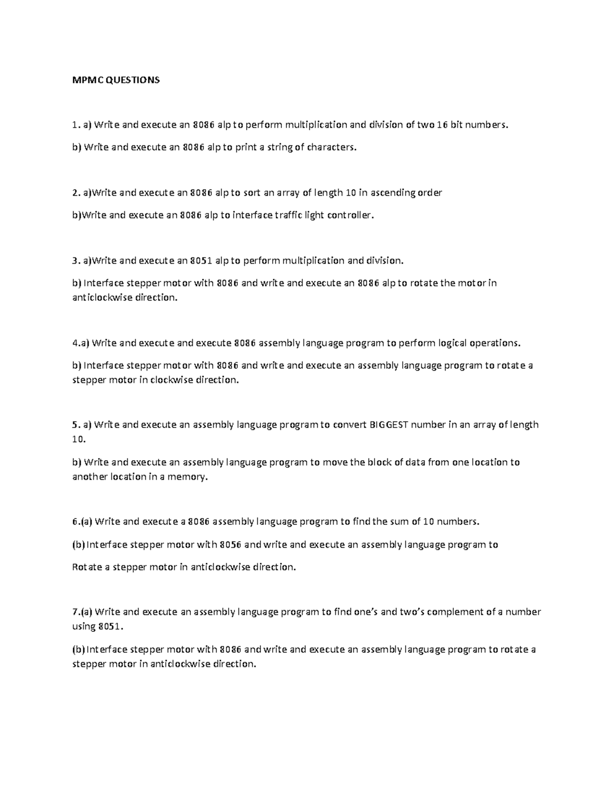 Mpmc Question Set Ewew Mpmc Questions A Write And Execute An 8086 Alp To Perform
