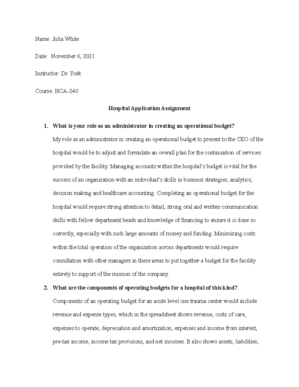 Hospital Application Assignment - Name: Julia White Date: November 6 ...