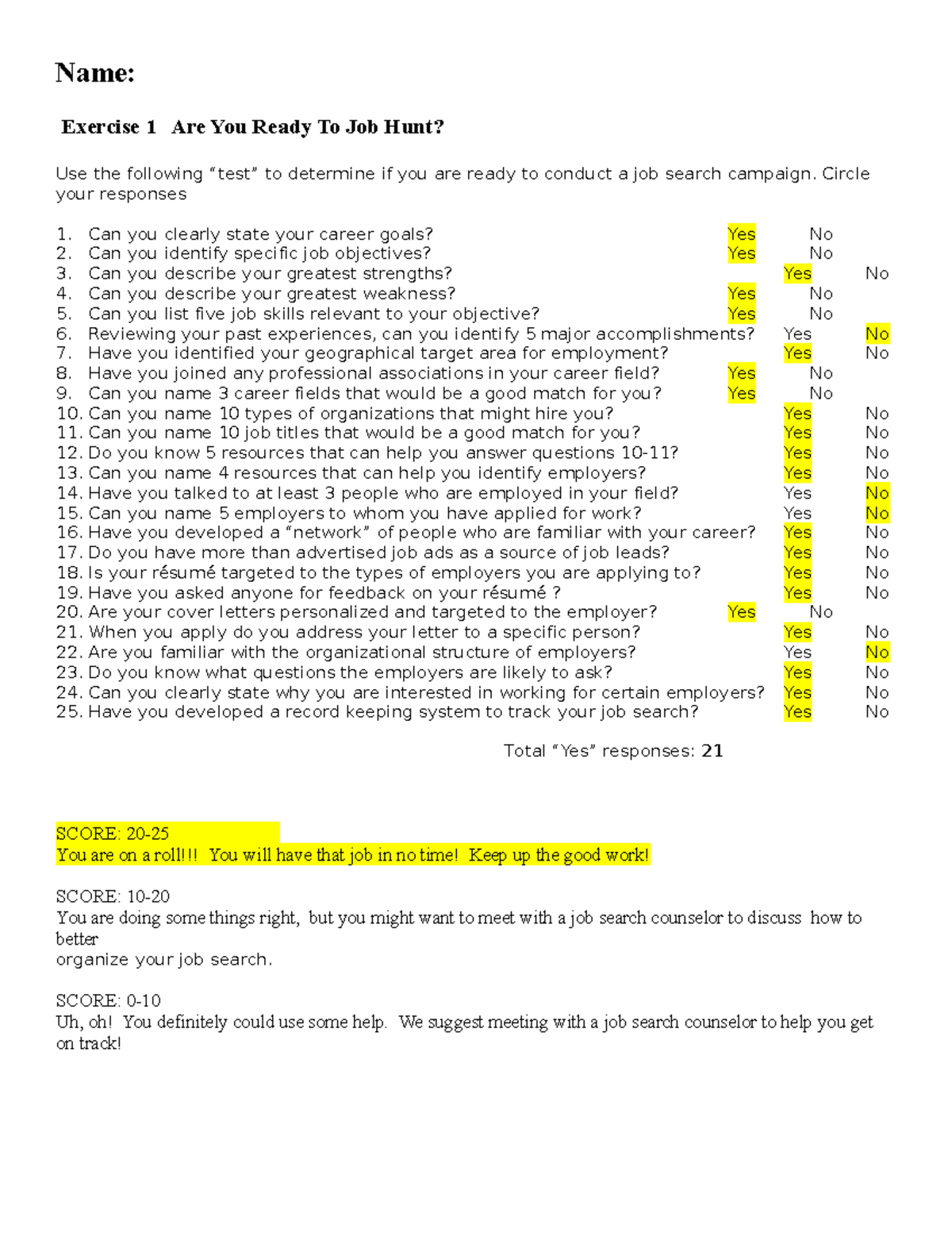 STU Are You Ready to Job Hunt - Name: Exercise 1 Are You Ready To Job ...