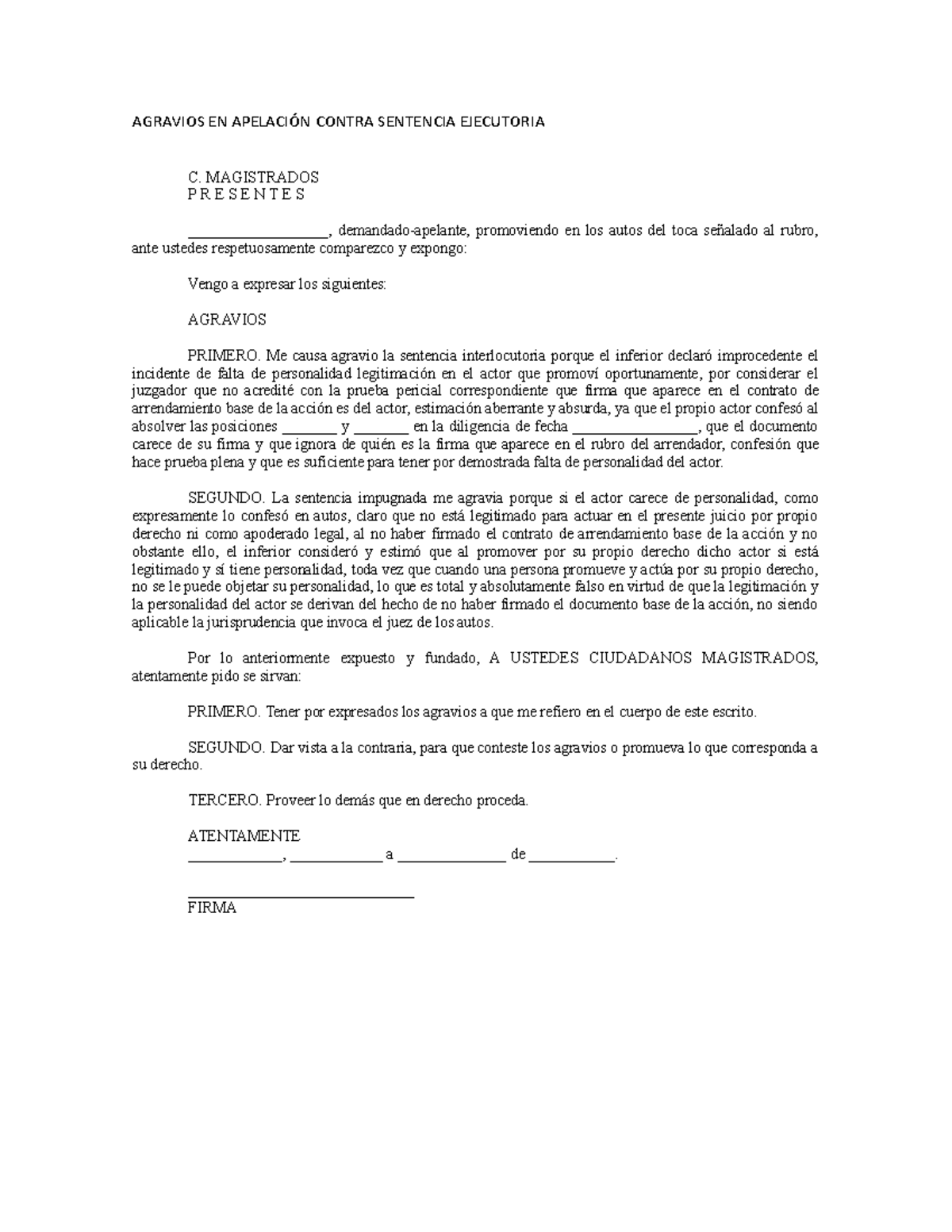 Agravios EN Apelación Contra Sentencia Ejecutoria - AGRAVIOS EN APELACIÓN CONTRA SENTENCIA - Studocu