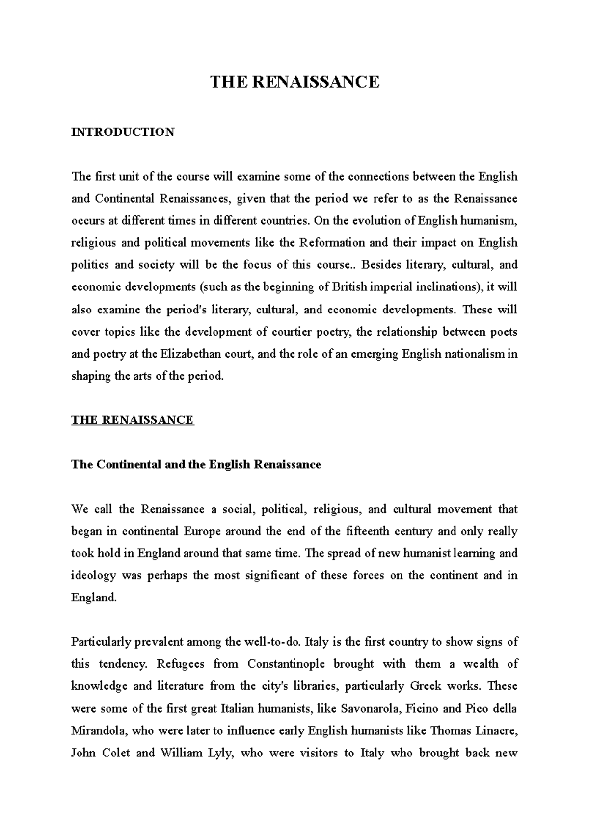 THE Renaissance - Lecture notes 7 - English Literature - AMU - Studocu