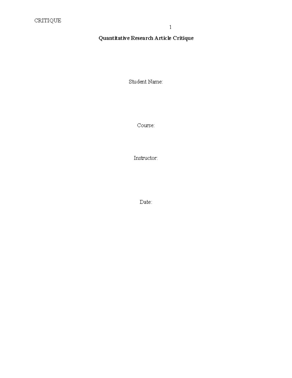 Quantitative Research Article Critique - 1 Quantitative Research ...