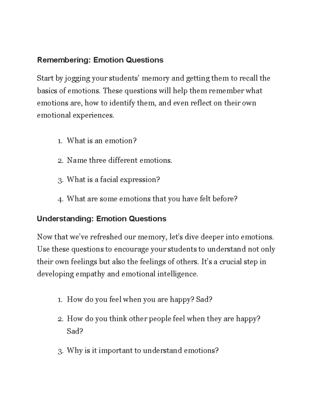 Emotional Intellegence - Remembering: Emotion Questions Start by ...