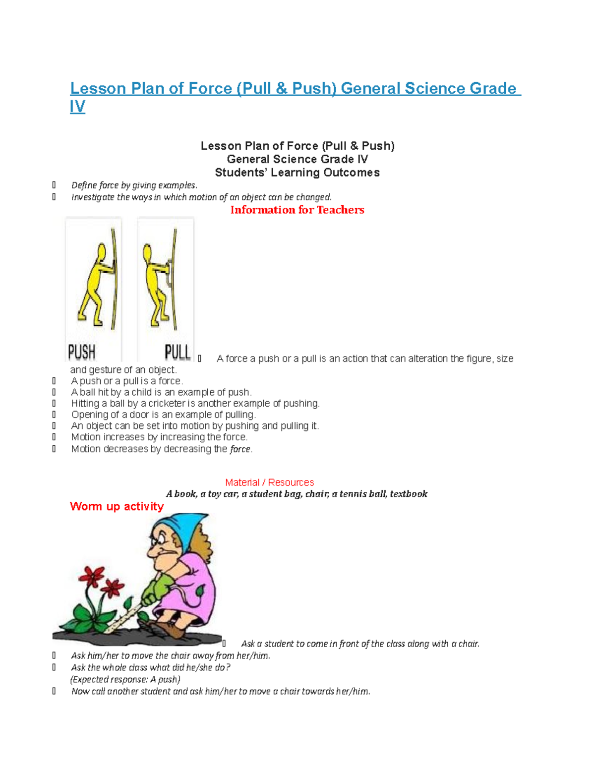 Lesson Plan of Force - Mechanics - Lesson Plan of Force (Pull & Push ...