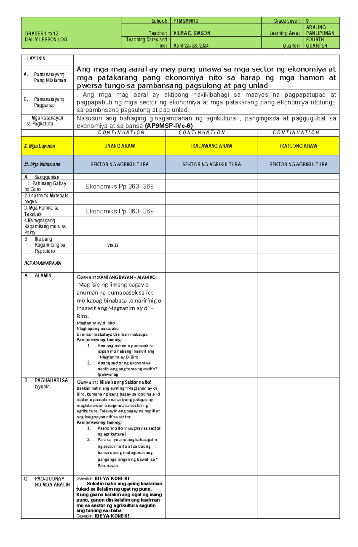 April 22- 26 - none - GRADES 1 to 12 DAILY LESSON LOG School: PTMSMNHS ...