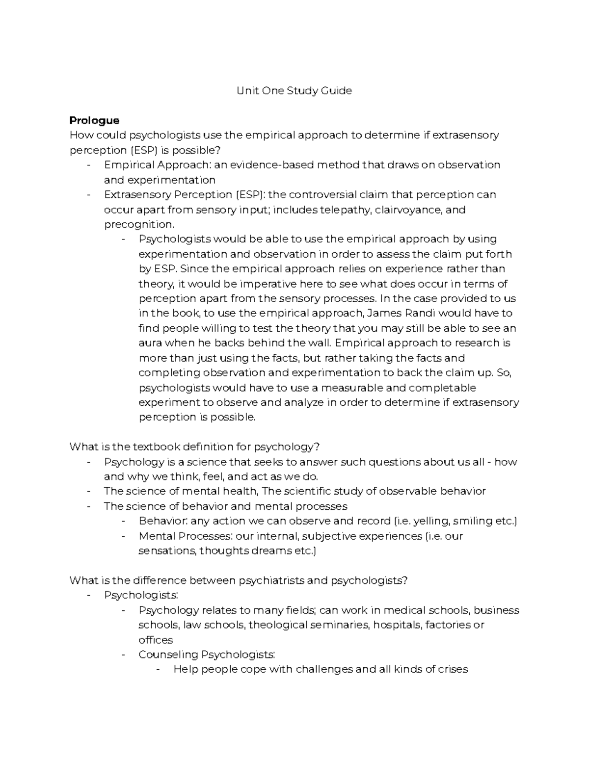 PSY 2000 Unit One Study Guide - Unit One Study Guide Prologue How could ...