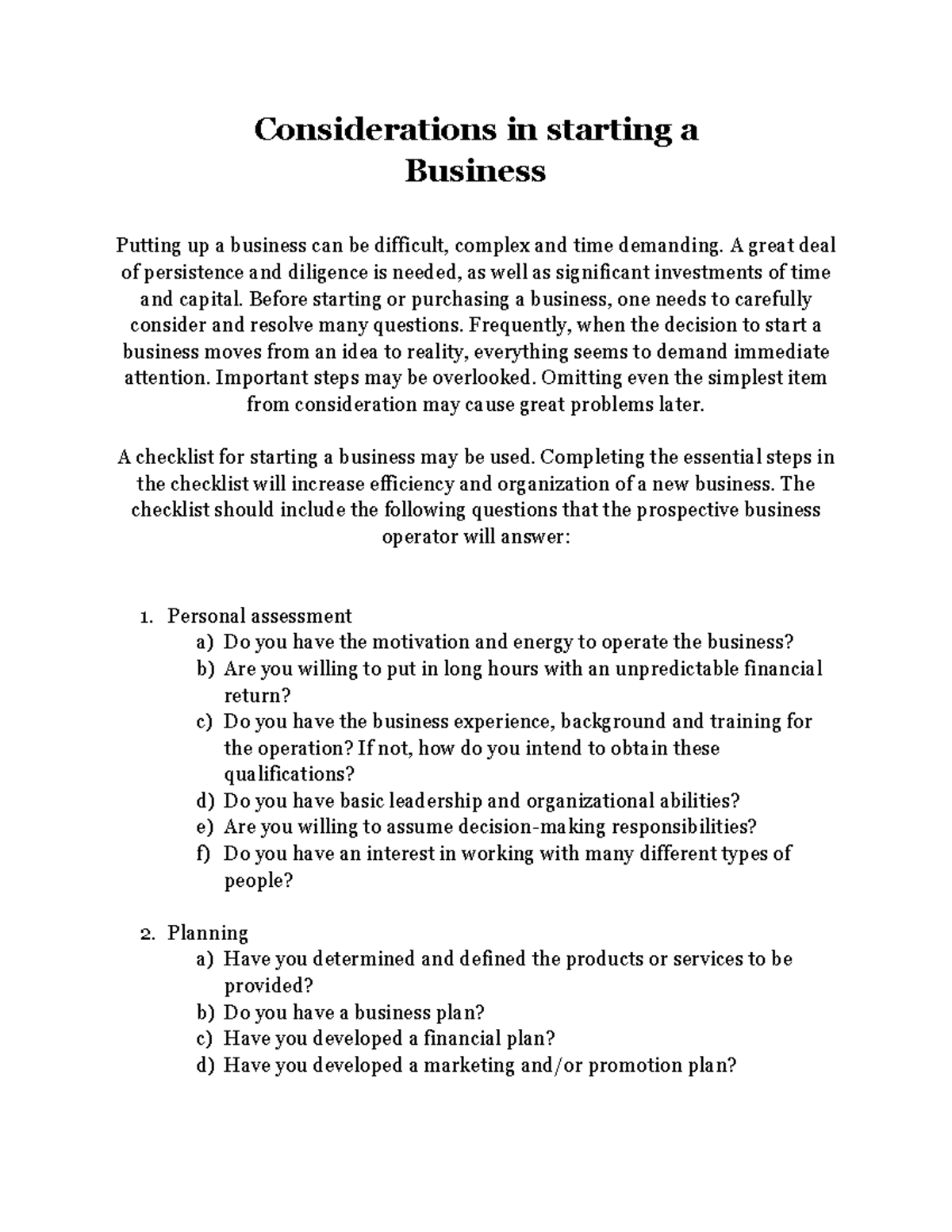 Consideration in starting a business - Considerations in starting a ...