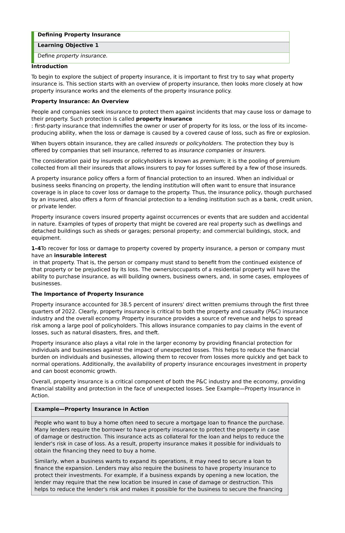 Study 1 Textbook - Defining Property Insurance Learning Objective 1 Define property insurance ...