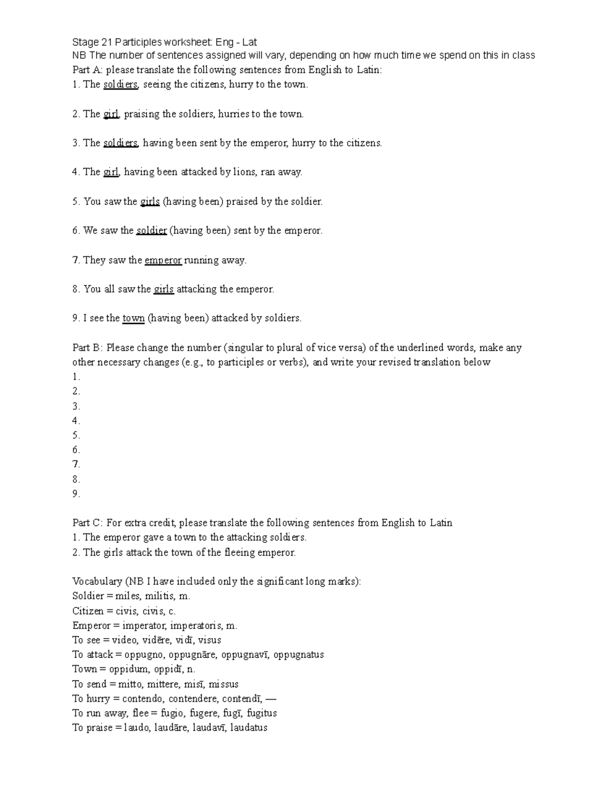 Stage 21 participles worksheet - eng - lat - Stage 21 Participles ...