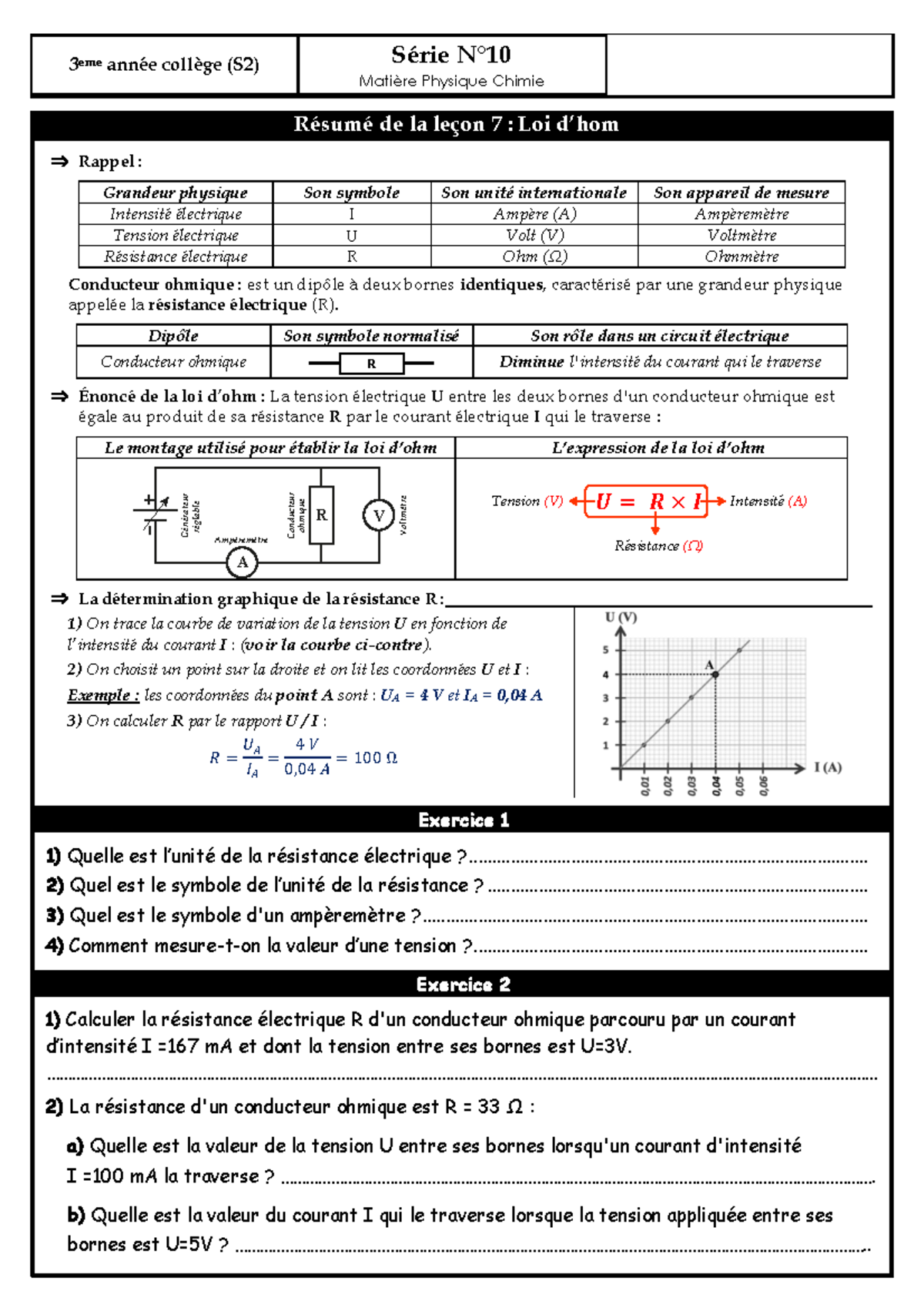 Serie d'éléctricité 3AC - ` 3 eme année collège (S2) Série N° 10 ...