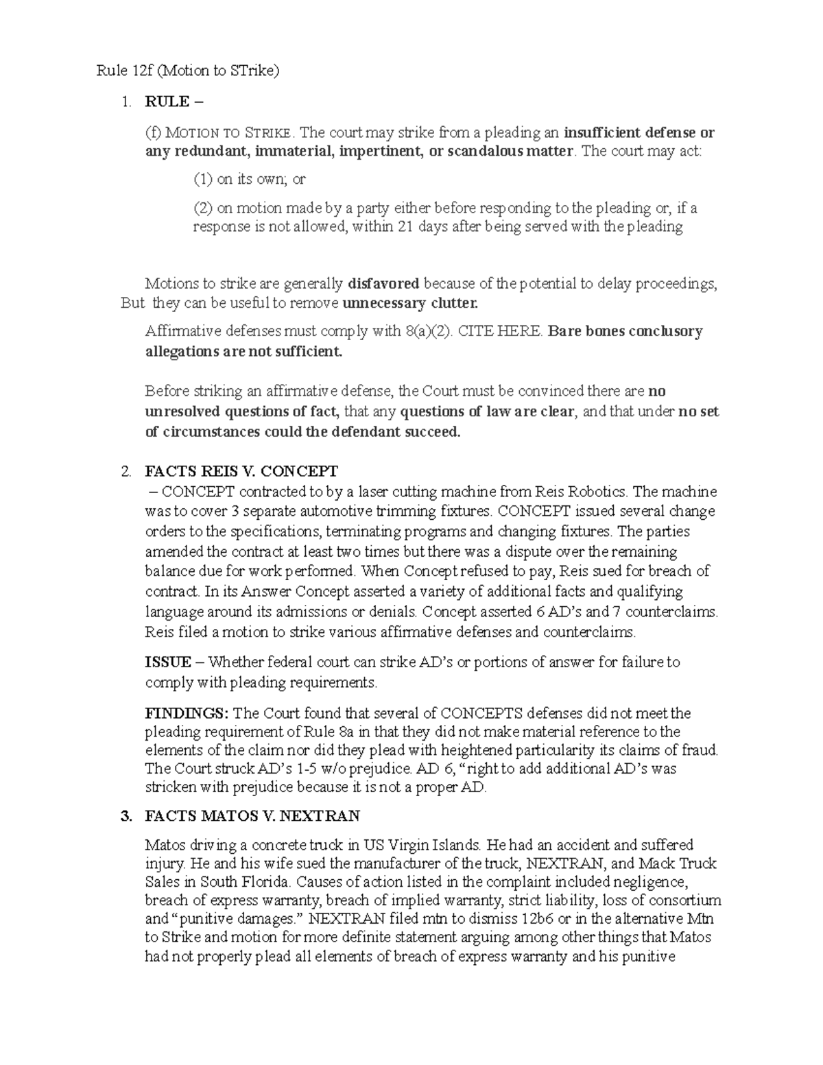 Rule 12 Reis - Midterm study materials - Rule 12f (Motion to STrike) 1 ...