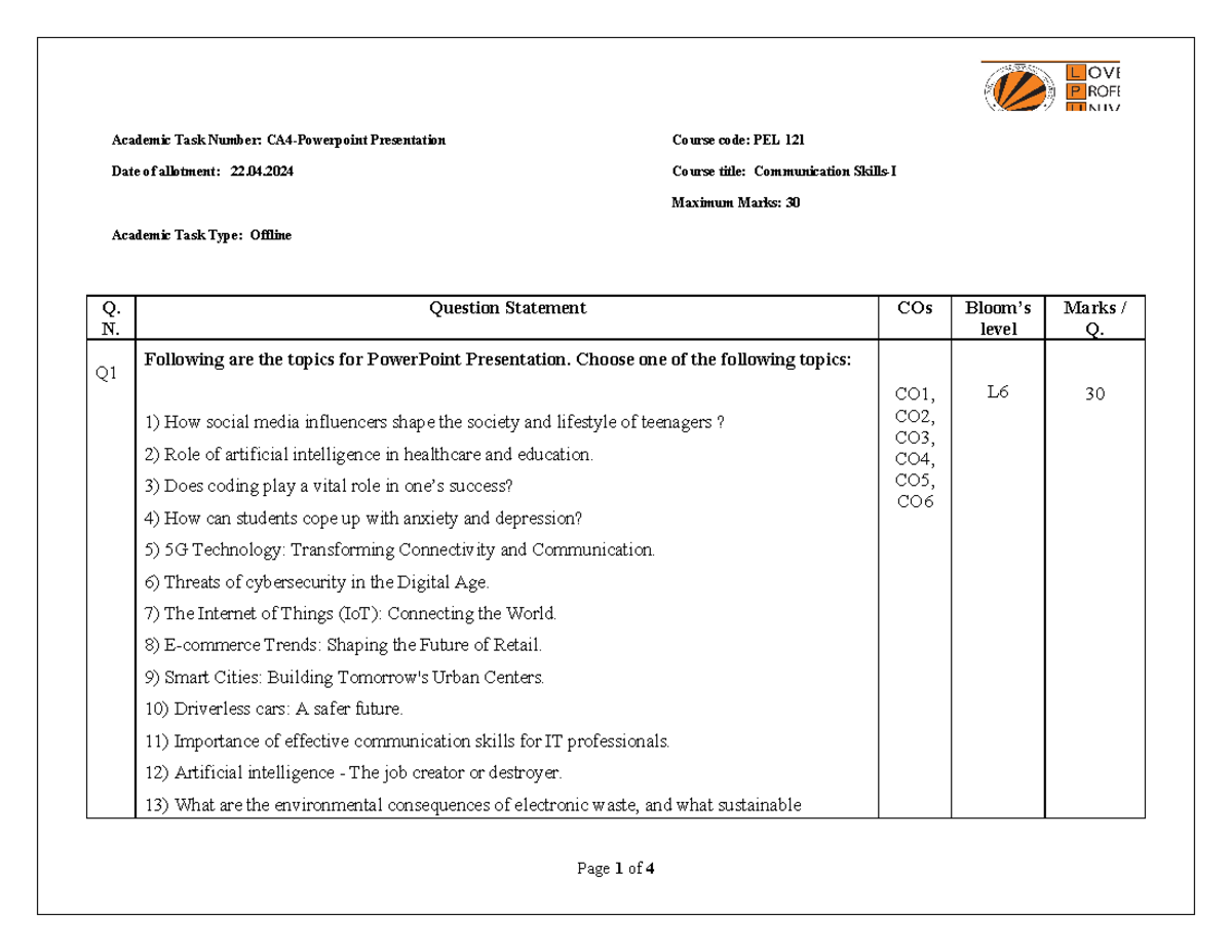 CA PEL 121 Ccontinous Assesment - Academic Task Number: CA4-Powerpoint ...