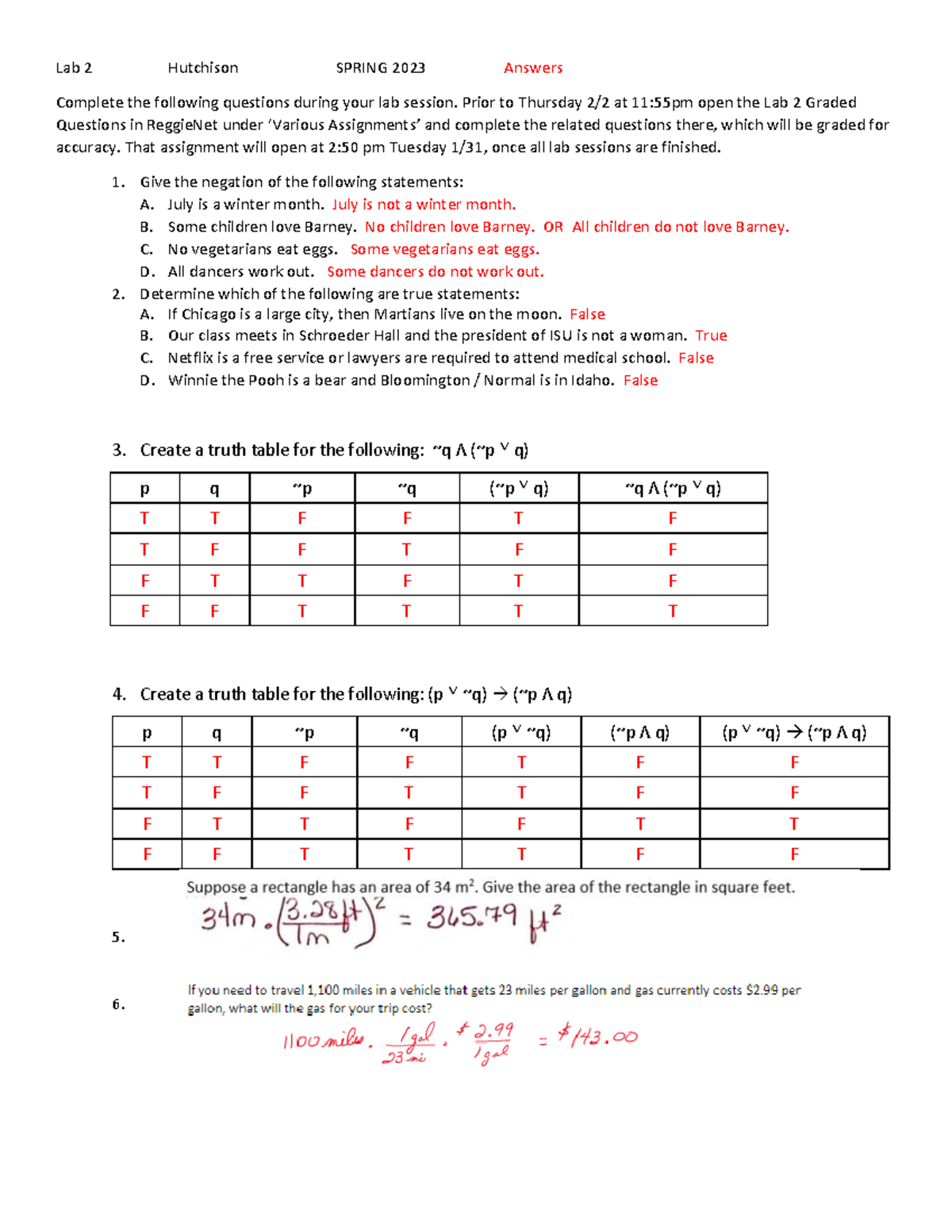 Lab 2 Answers - mat 113 - Lab 2 Hutchison SPRING 2023 Answers Complete the following questions ...