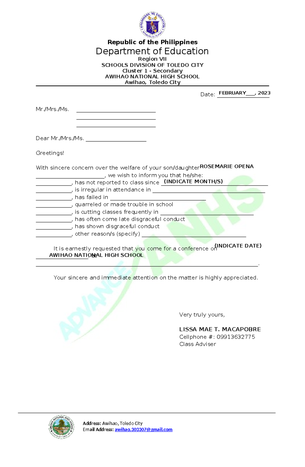 Call-Parent-Letter - Letter for LARDO parents - Republic of the ...