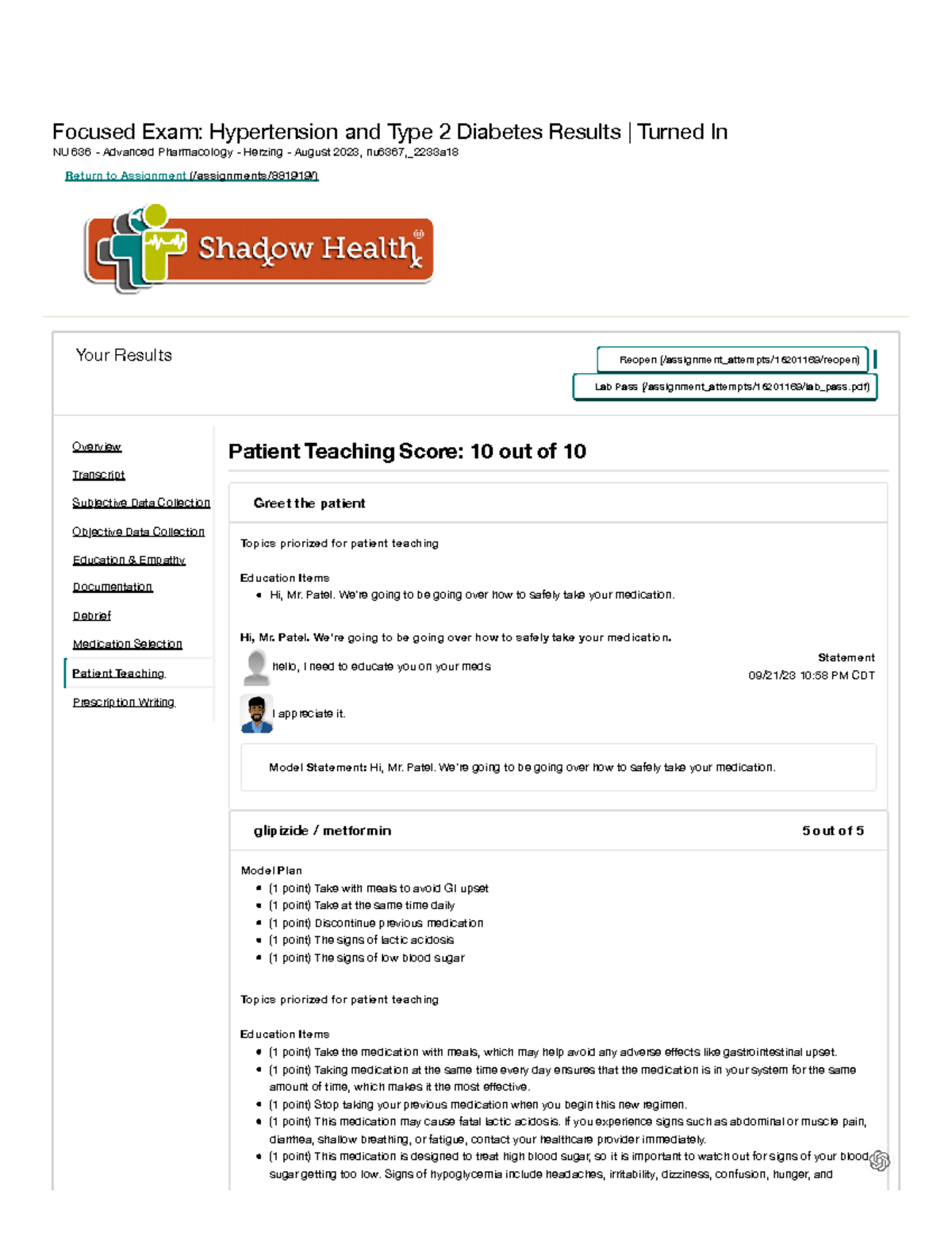 Focused Exam- Hypertension and Type 2 Diabetes Results patient teaching ...