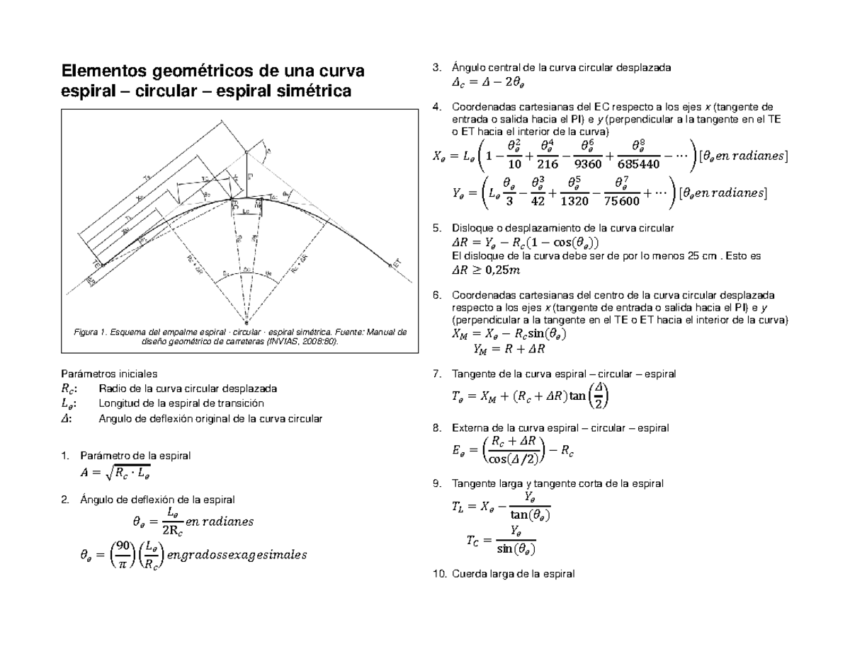 Formulario Curva Clotoide - Elementos geométricos de una curva espiral ...