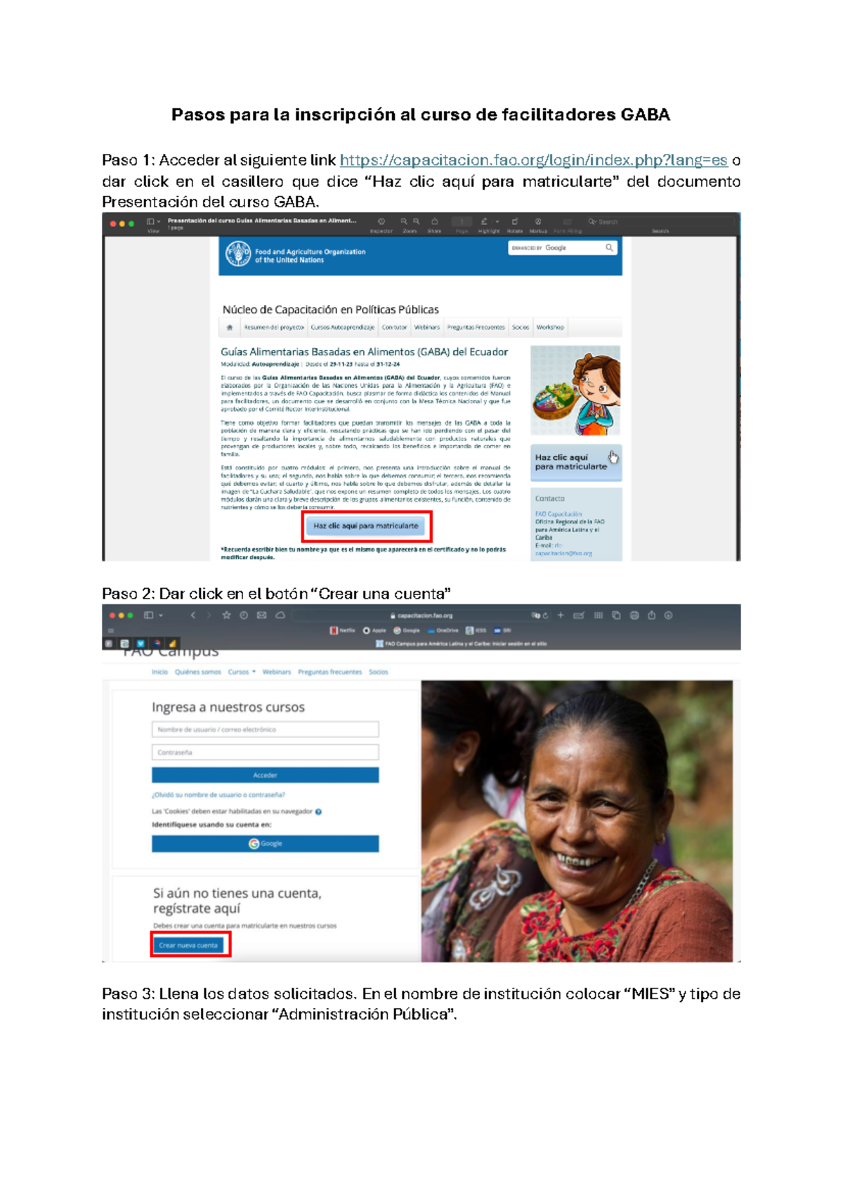 Pasos para la inscripción al curso de facilitadores GABA - fao/login ...