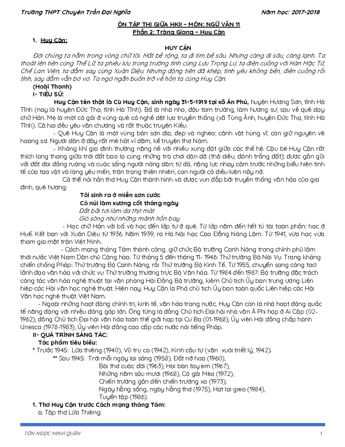 Ng Van 11 On Thi Ghkii P2 Trang Giang H - ÔN TẬP THI GIỮA HKII – MÔN: NGỮ VĂN 11 Phần 2: Tràng ...