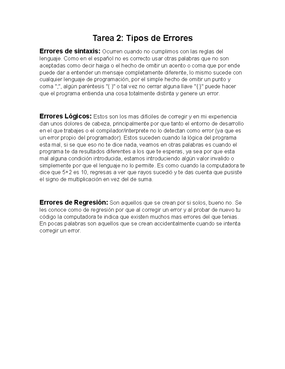 Tarea 2 Tipos de Errores - Tarea 2: Tipos de Errores Errores de ...