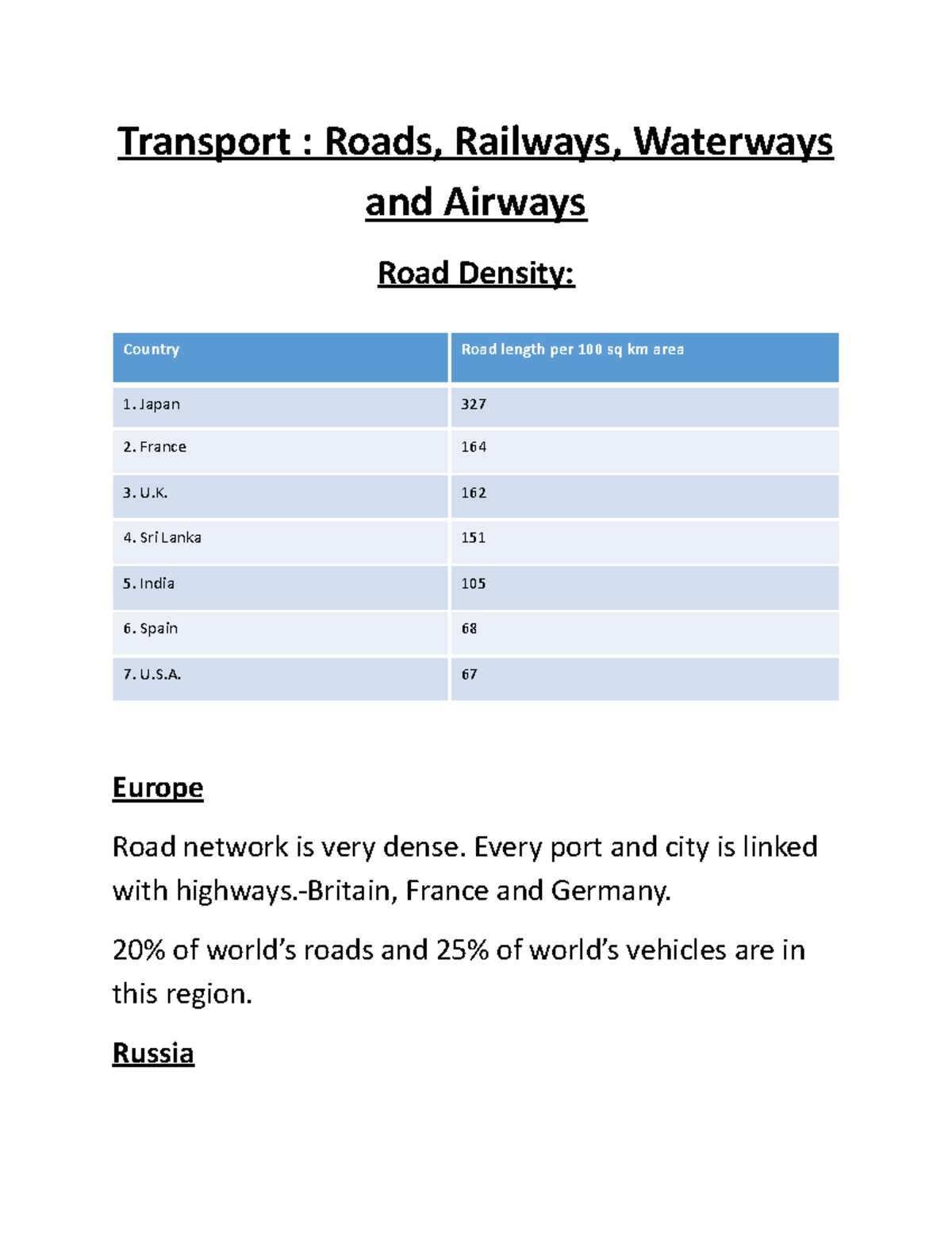 Transport: Types and world distribution - Transport : Roads, Railways ...
