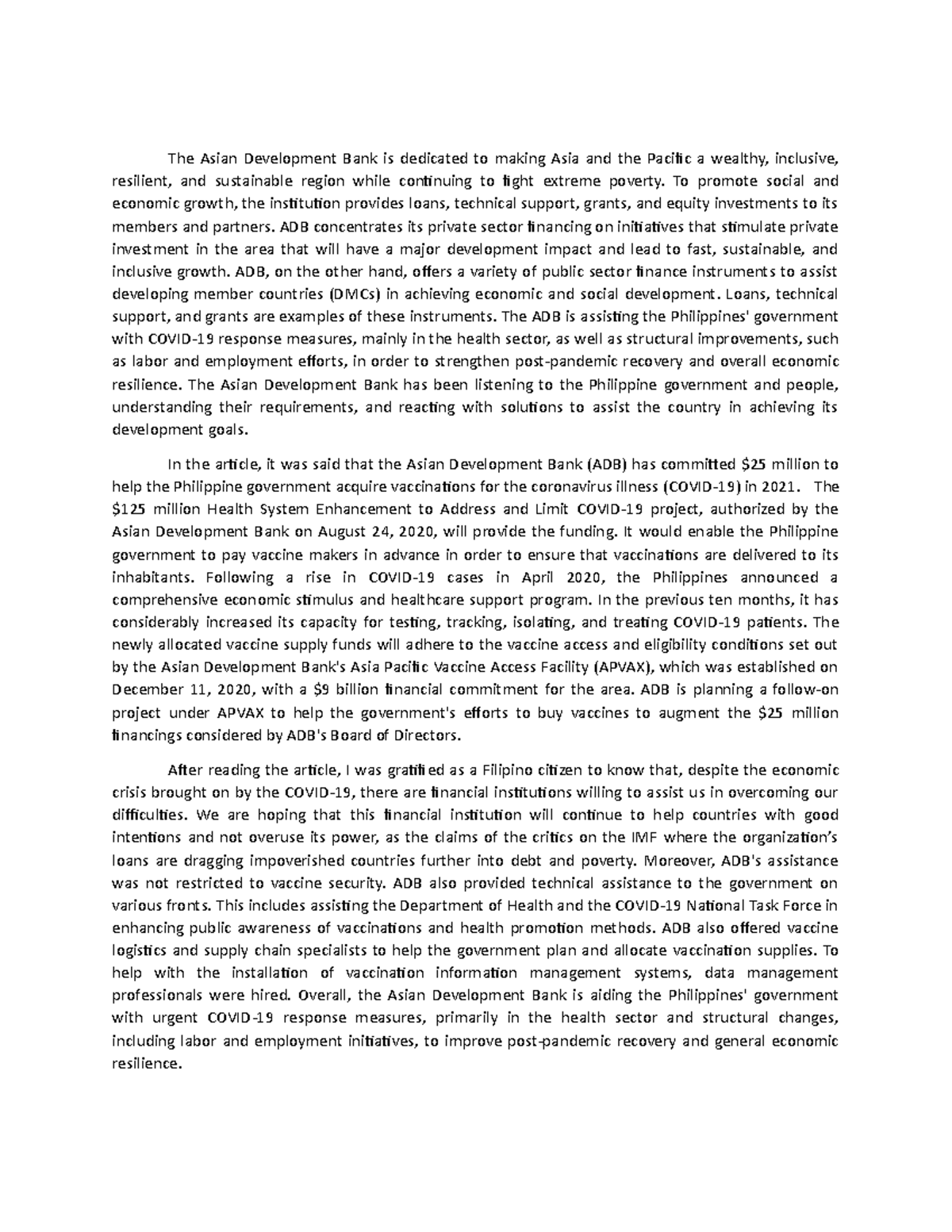 ADB Reflection paper - The Asian Development Bank is dedicated to ...