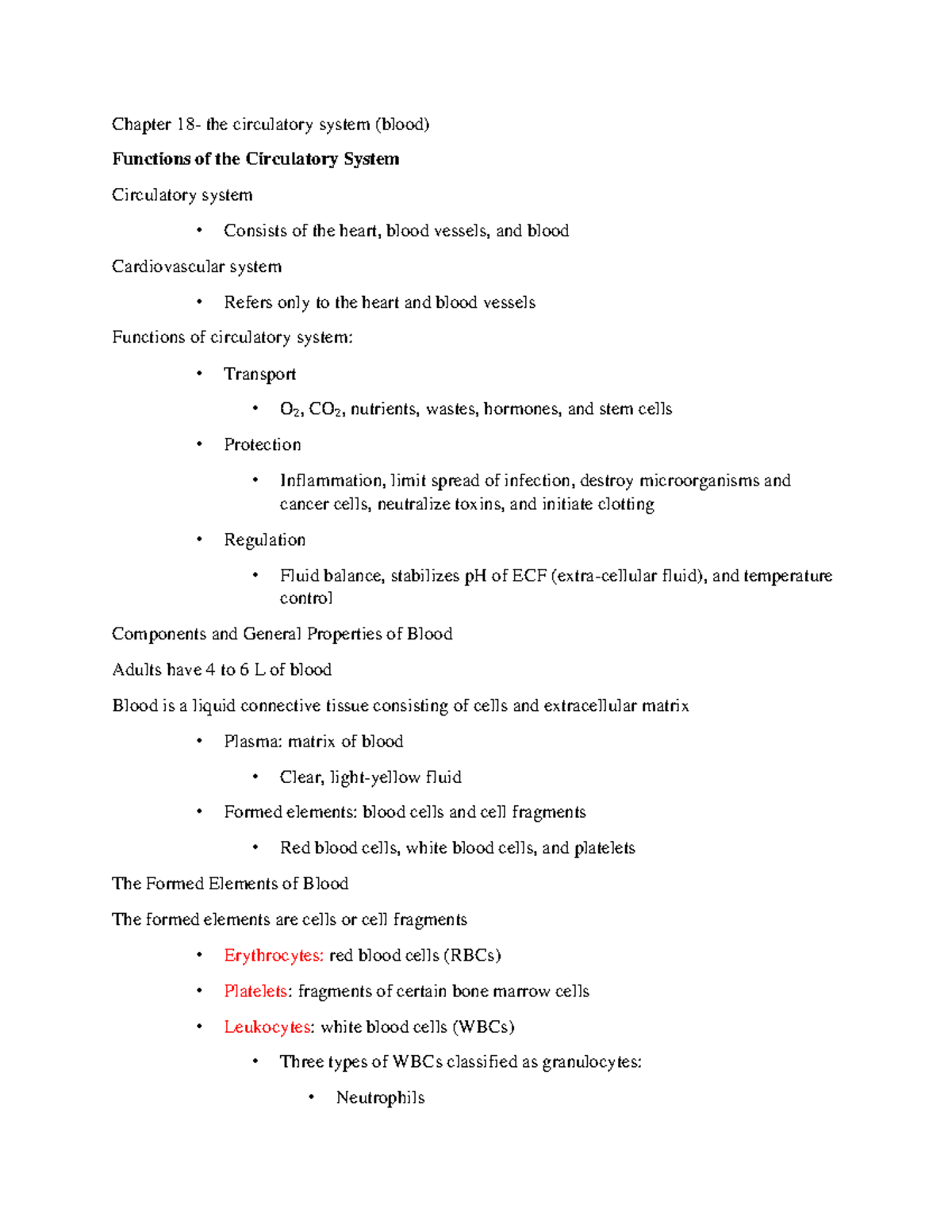 The circulatory system-blood - Chapter 18- the circulatory system (blood) Functions of the - Studocu