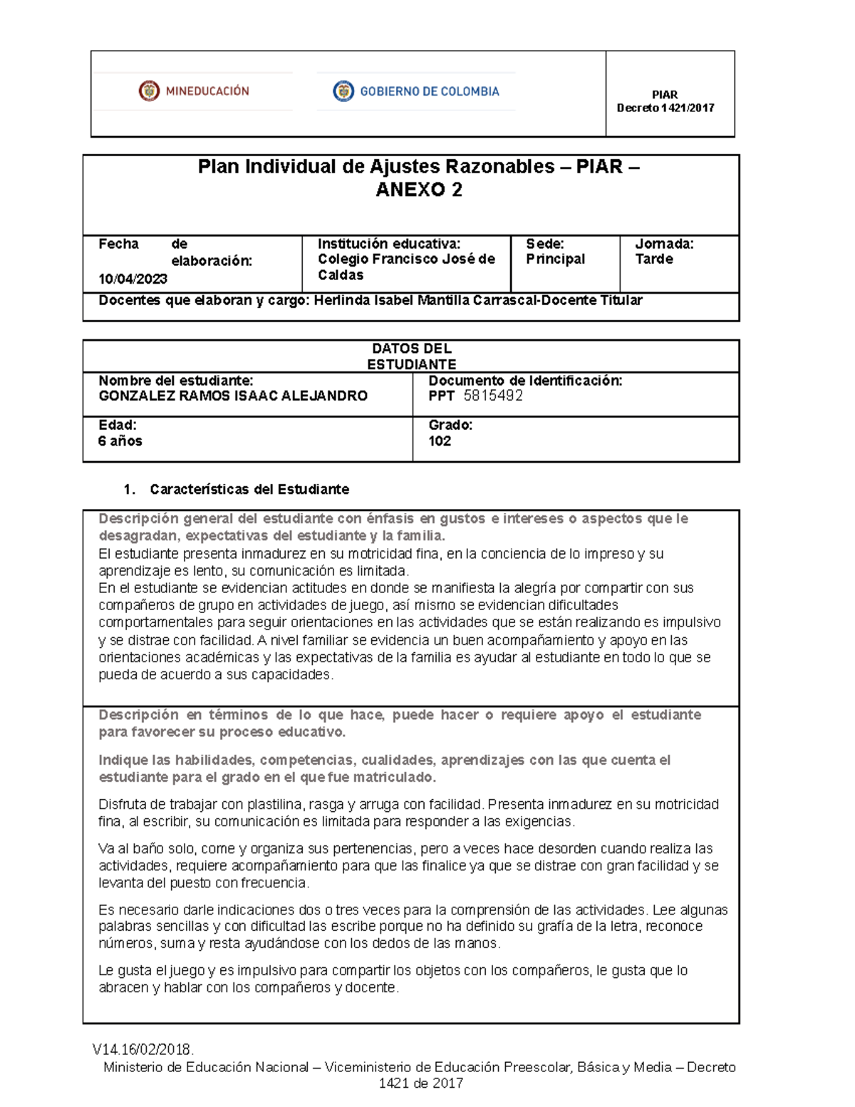 Documento Anexo 2 DEL PIAR 102 - 2023 - 1. Características del ...