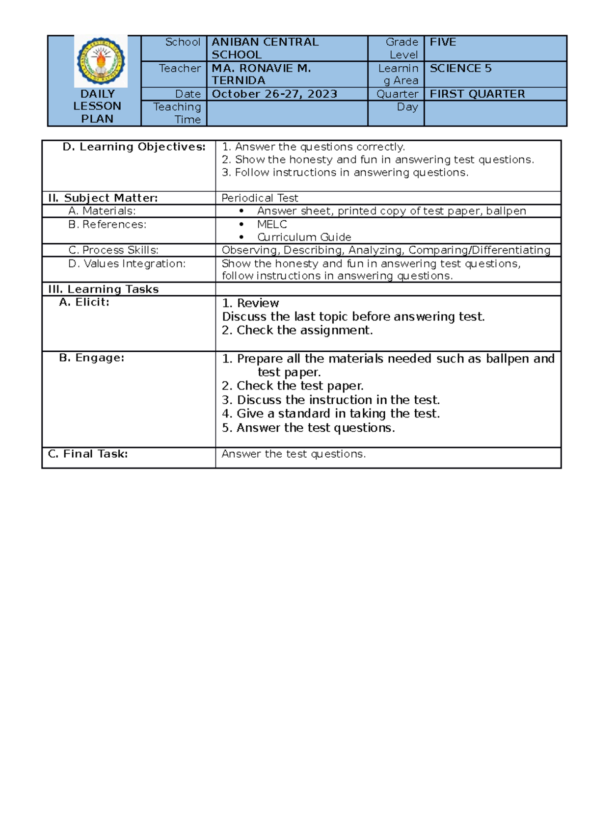 Q1 Science 5 diagnostic test - DAILY LESSON PLAN School ANIBAN CENTRAL ...