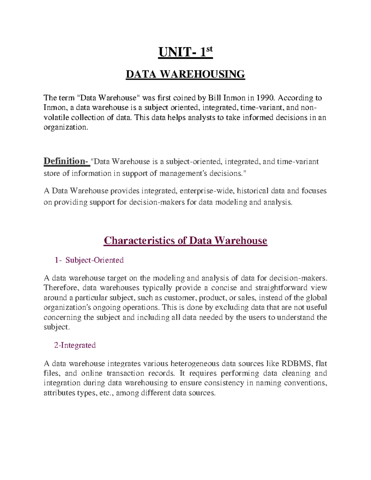 DWDM Unit -1 - Dwdm notez - UNIT- 1 st DATA WAREHOUSING The term "Data Warehouse" was - Studocu