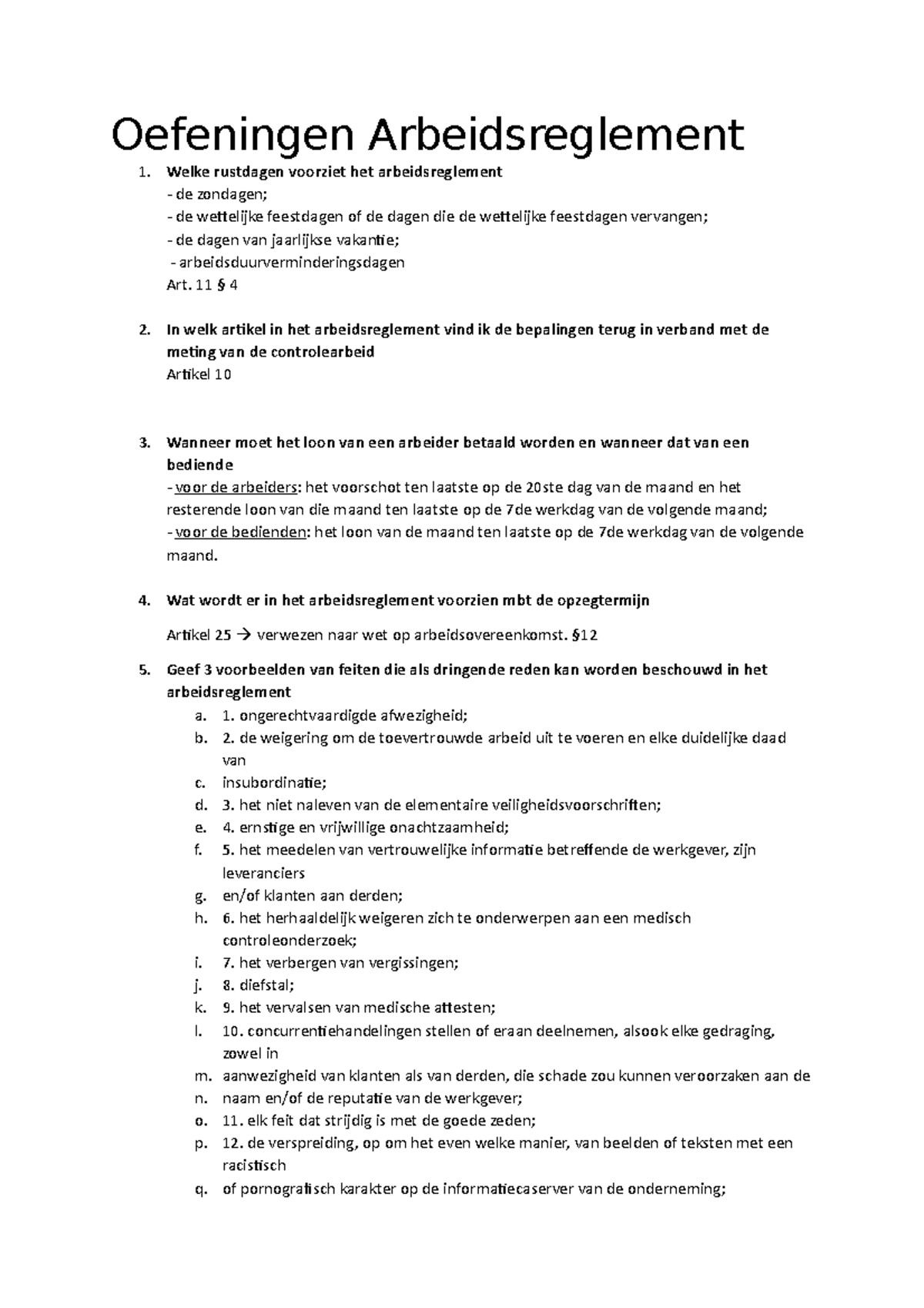 Oefeningen Arbeidsreglement - Welke rustdagen voorziet het ...