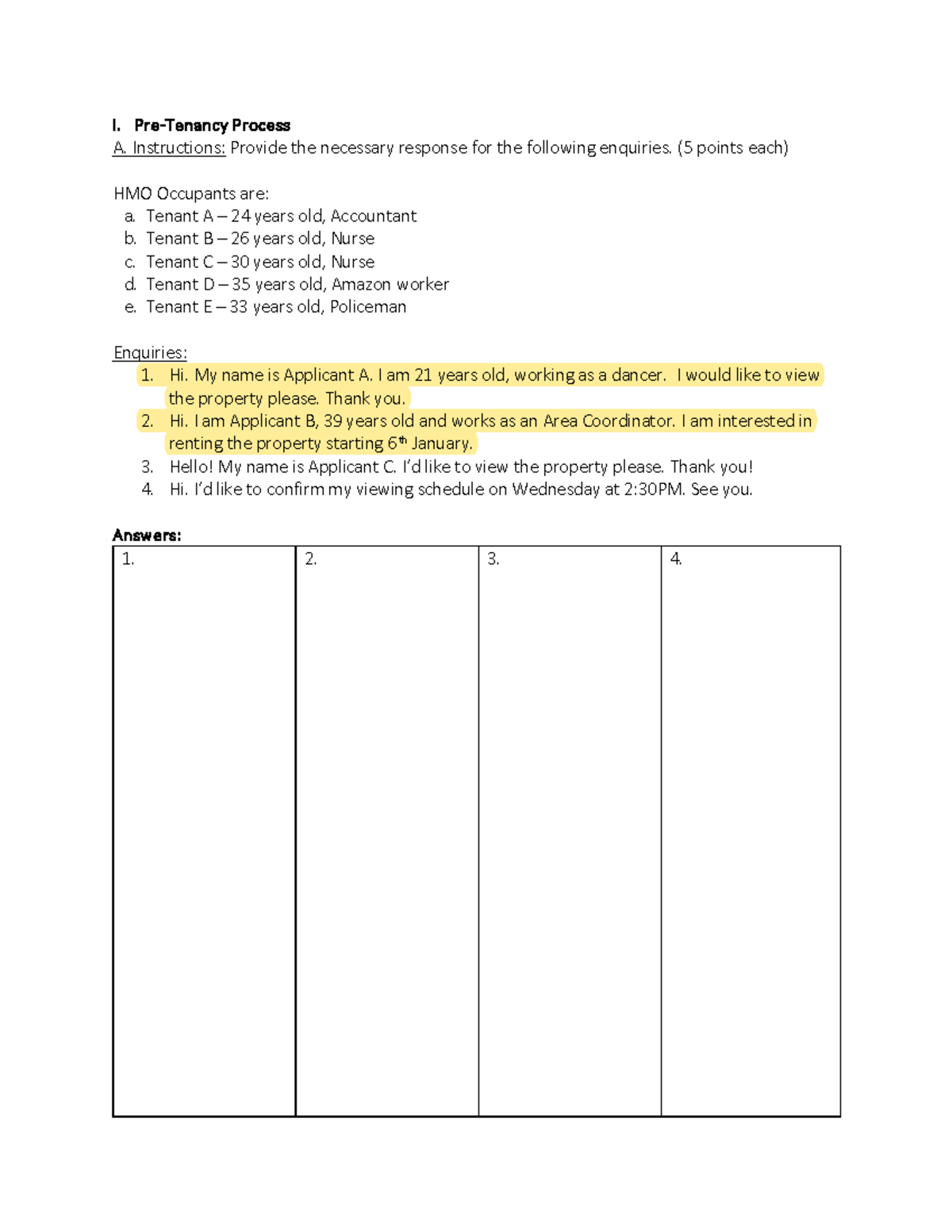 Property Management Test - Fillable - I. Pre-Tenancy Process A ...