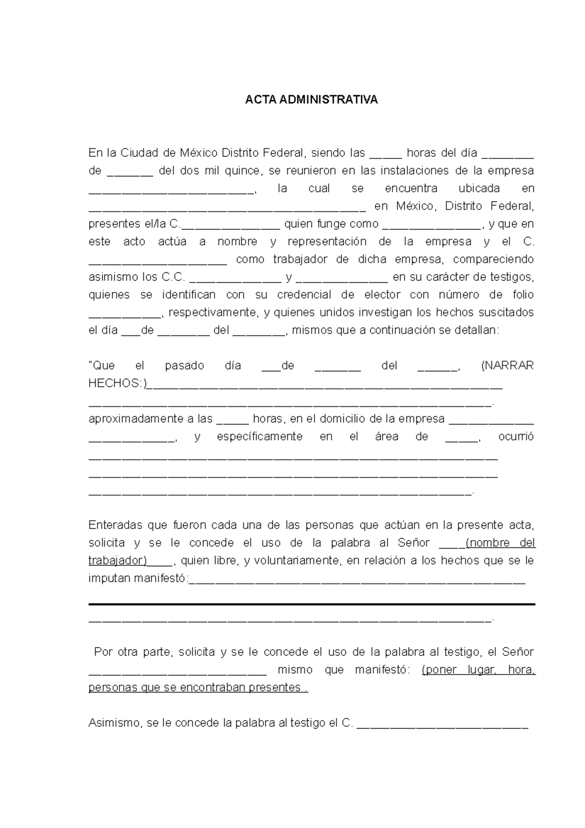 ACTA Administrativa- Machote - ACTA ADMINISTRATIVA En la Ciudad de ...