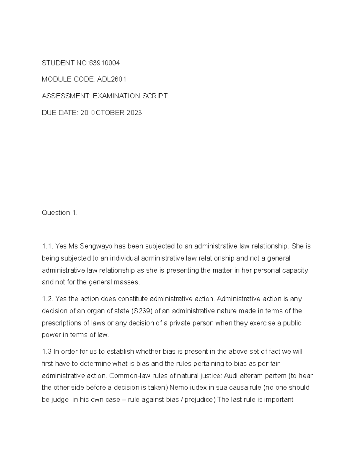 ADL2601 EXAM Script - Exam - STUDENT NO: 63910004 MODULE CODE: ADL ...