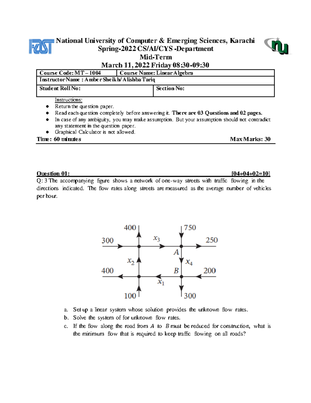 LA Mid-I - Linear Algebra Mid 1 past papers FAST NUCES, karachi ...
